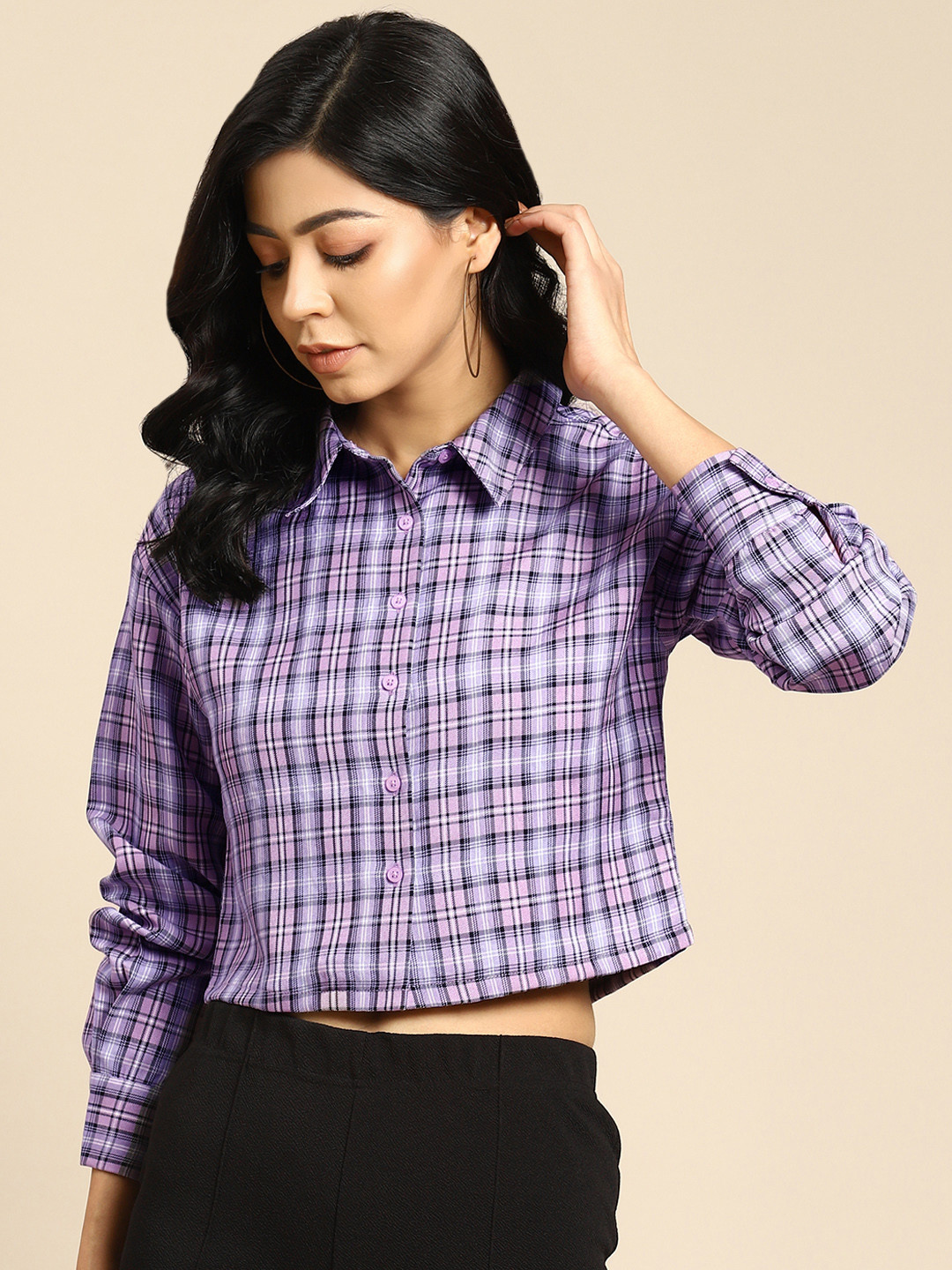 Buy COVER STORY Purple & Black Checked Shirt Style Crop Top - Tops for ...