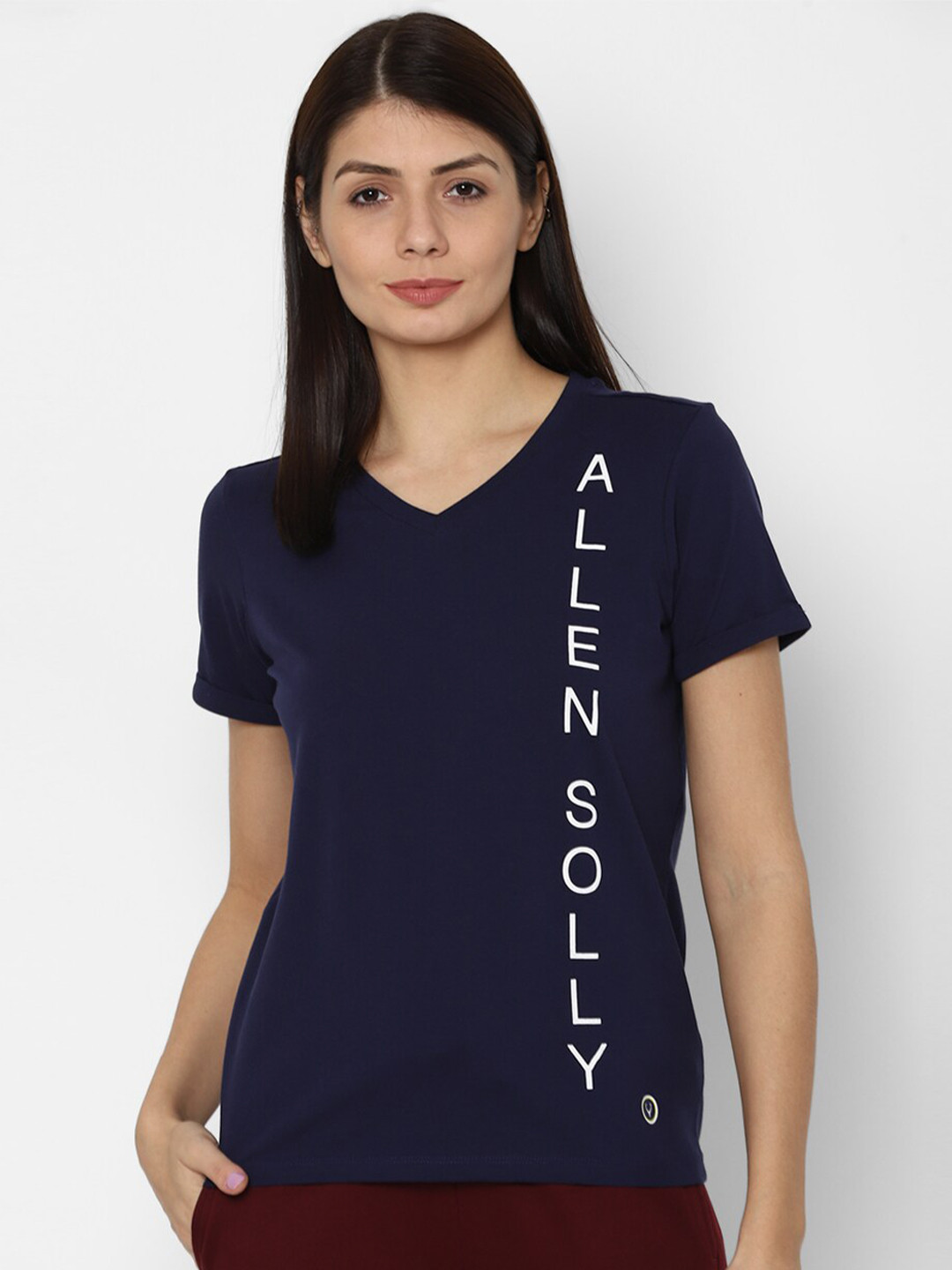 Buy Allen Solly Woman Women Navy Blue Brand Logo Printed V Neck T Shirt ...