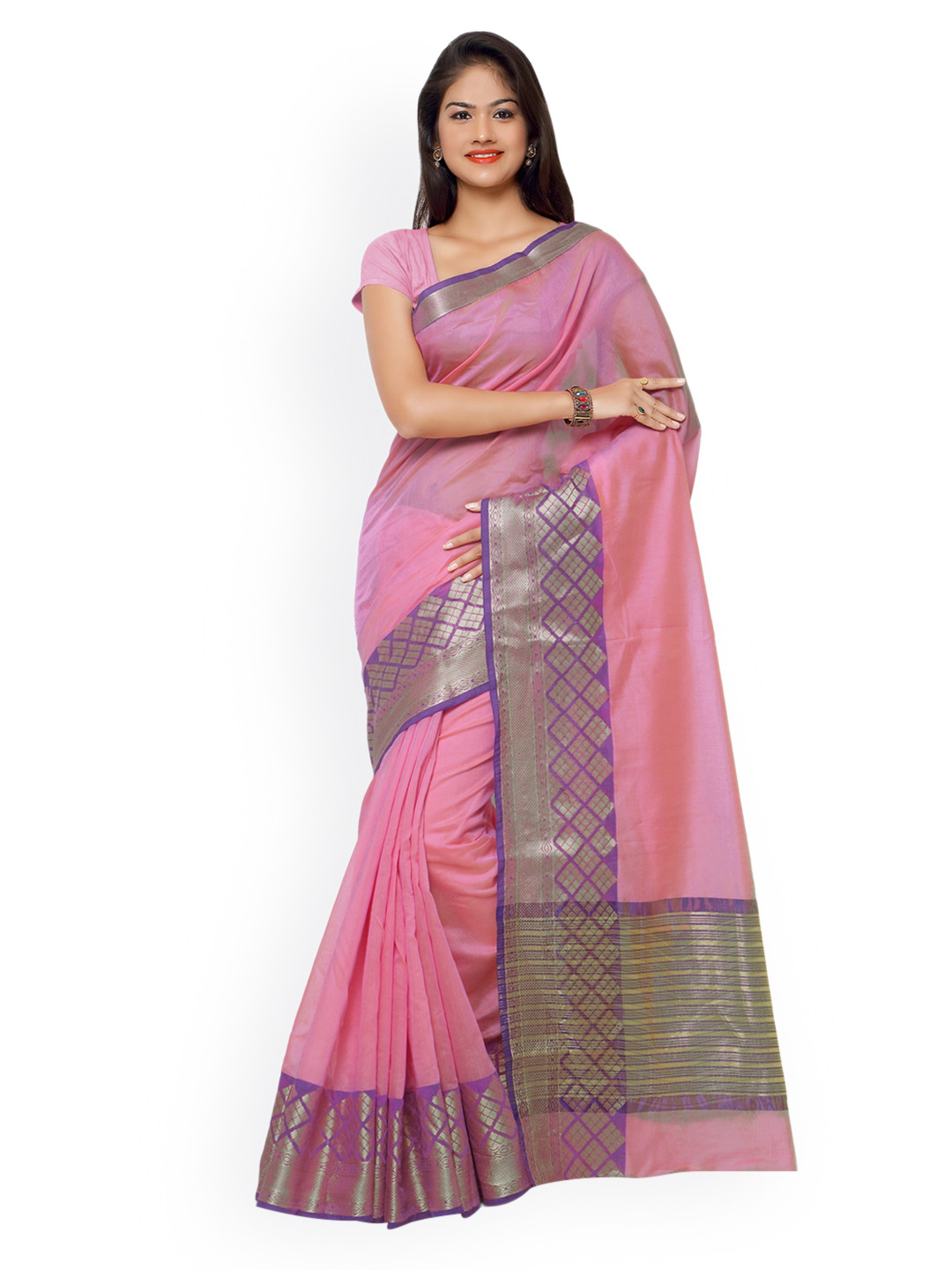 Buy Inddus Pink Banarasi Cotton & Art Silk Traditional Saree - Sarees ...