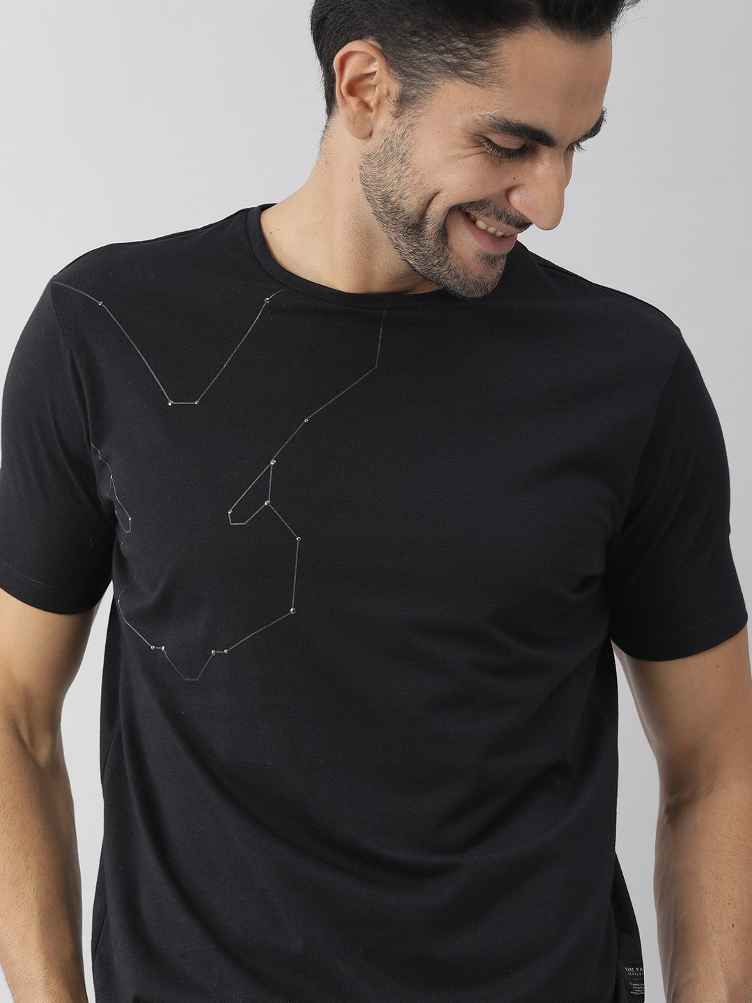 Buy RARE RABBIT Men Black Printed Pure Cotton Slim Fit T Shirt ...