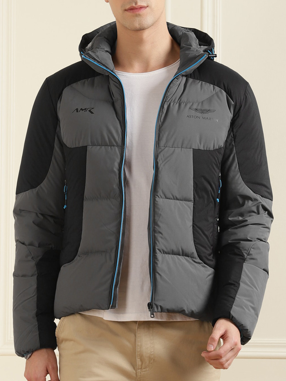 Buy HACKETT LONDON Men Grey Colourblocked Water Resistant Puffer Jacket ...