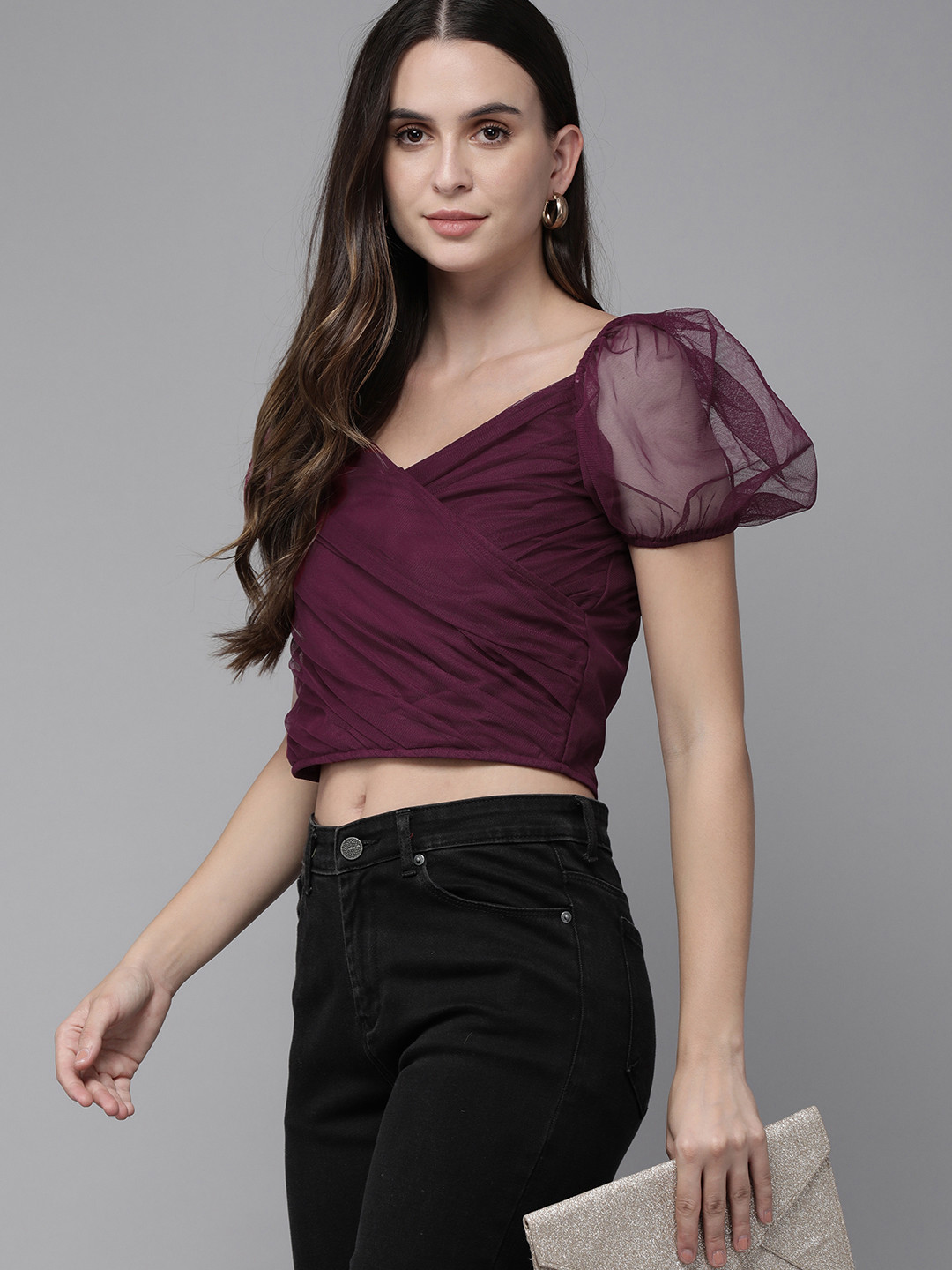 Buy RARE Burgundy Sweetheart Neck Net Wrap Crop Top - Tops for Women ...