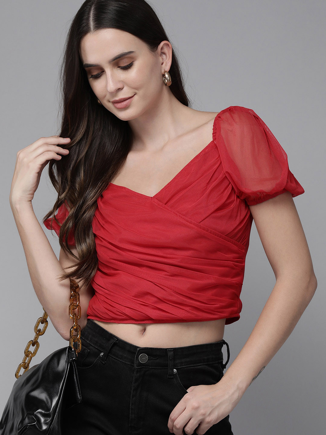 Buy RARE Red Solid Sweetheart Neck Net Wrap Crop Top - Tops for Women ...
