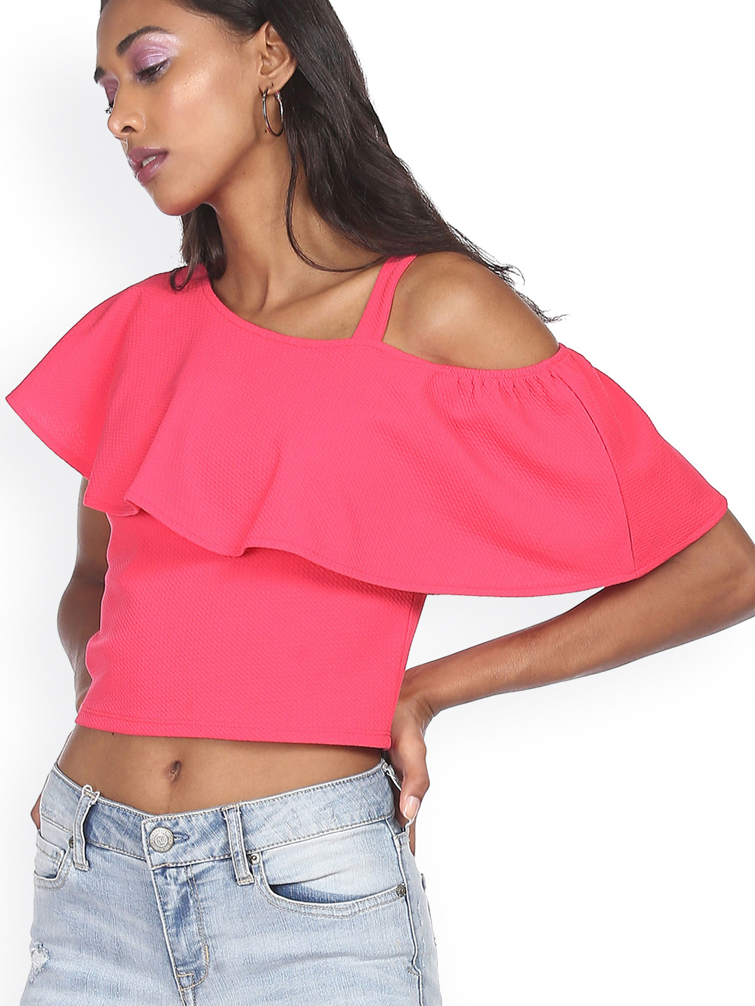 Buy Sugr Pink Solid One Shoulder Crop Top With Ruffles - Tops for Women ...