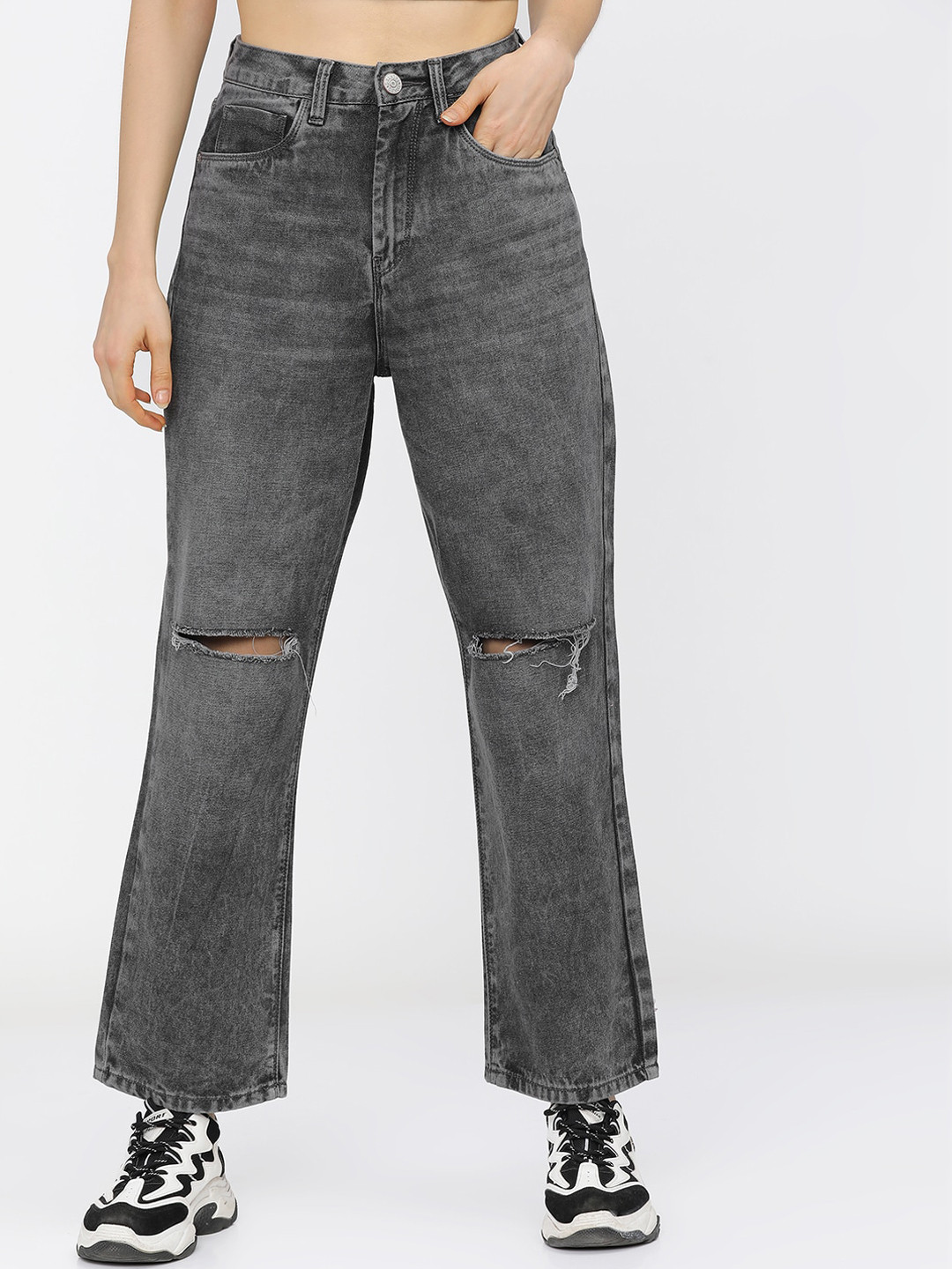Buy Tokyo Talkies Women Grey Wide Leg Slash Knee Heavy Fade Stretchable ...
