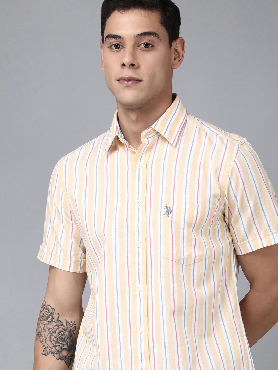 Buy U S Polo Assn Men Peach And Blue Tailored Fit Striped Pure Cotton ...