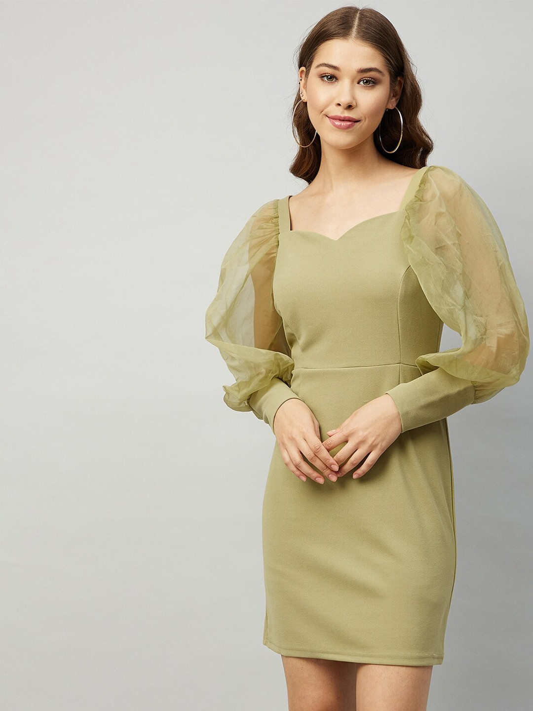 Buy RARE Olive Green Sweatheart Neck Bishop Sleeves Sheath Dress ...