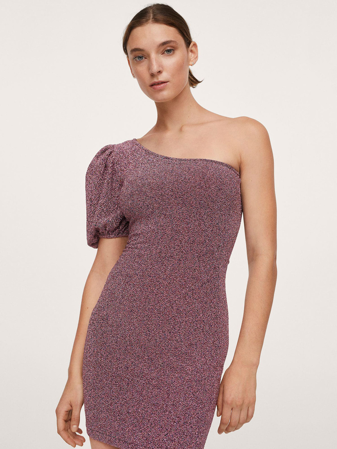 Buy MANGO One Shoulder Shiny Textured Bodycon Mini Dress - Dresses for ...