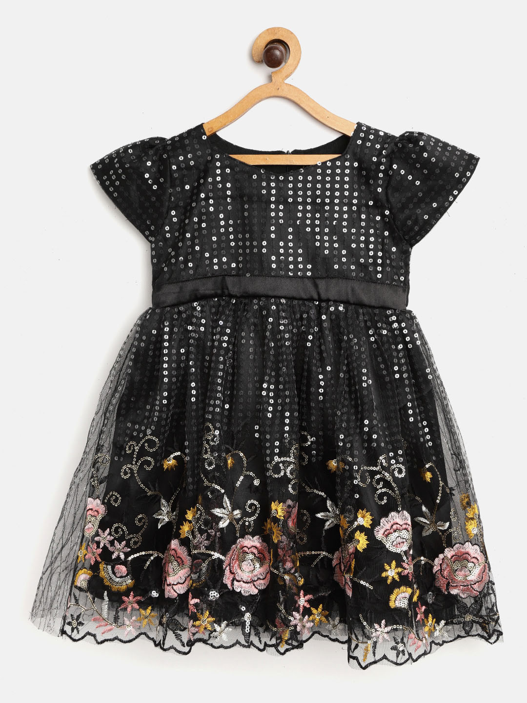Buy Bella Moda Black & Pink Floral Embroidered Sequined A Line Dress ...