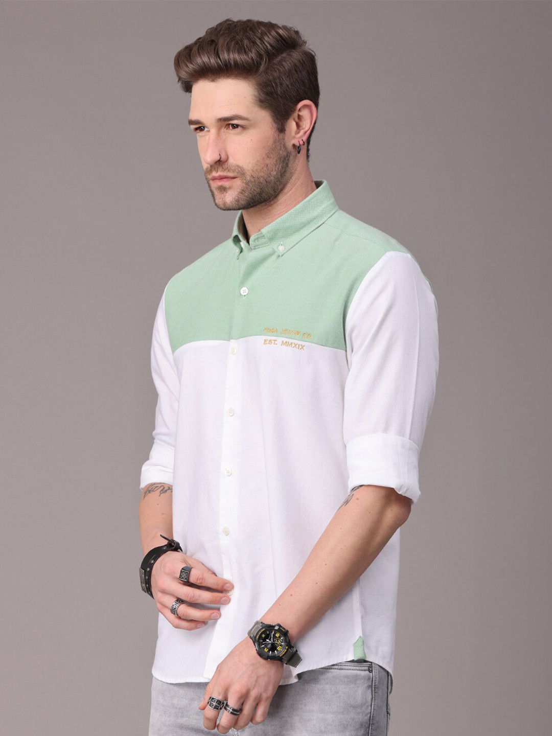Buy FOGA Men Green & White Colourblocked Casual Shirt - Shirts for Men ...
