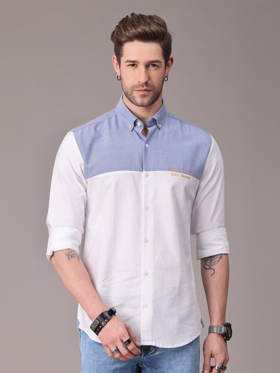 Buy FOGA Men Blue & White Colourblocked Pure Cotton Casual Shirt ...