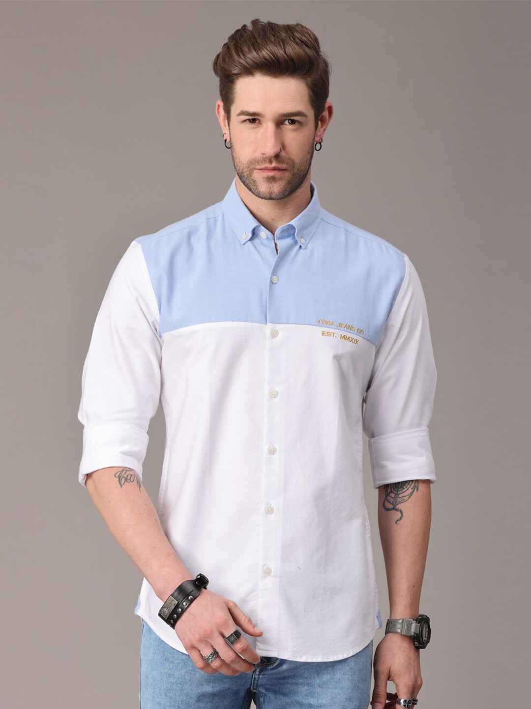 Buy FOGA Men White & Blue Colourblocked Casual Shirt - Shirts for Men ...