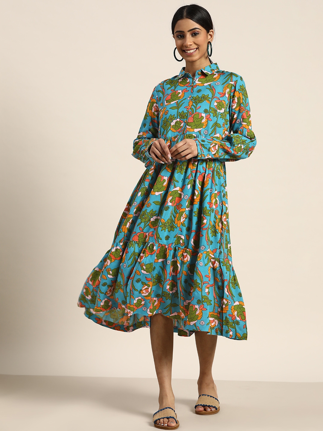 Buy Sangria Women Blue & Green Floral A Line Midi Dress - Ethnic ...