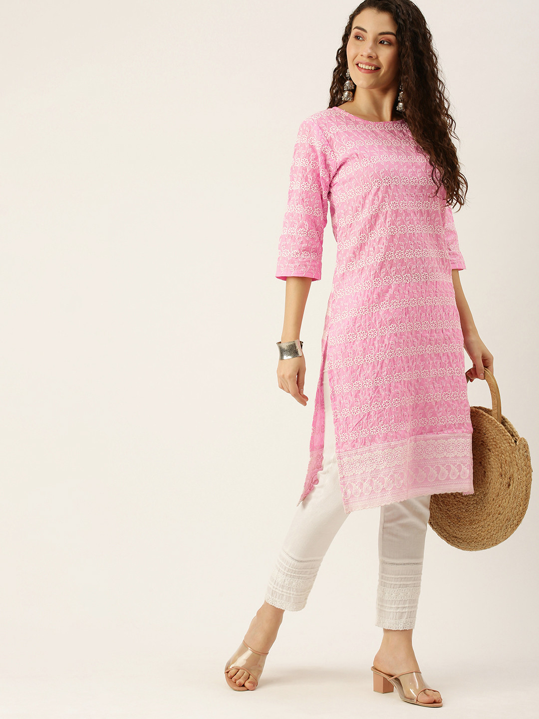 Buy SWAGG INDIA Pink & White Ethnic Motifs Embroidered Kurti - Kurtis ...