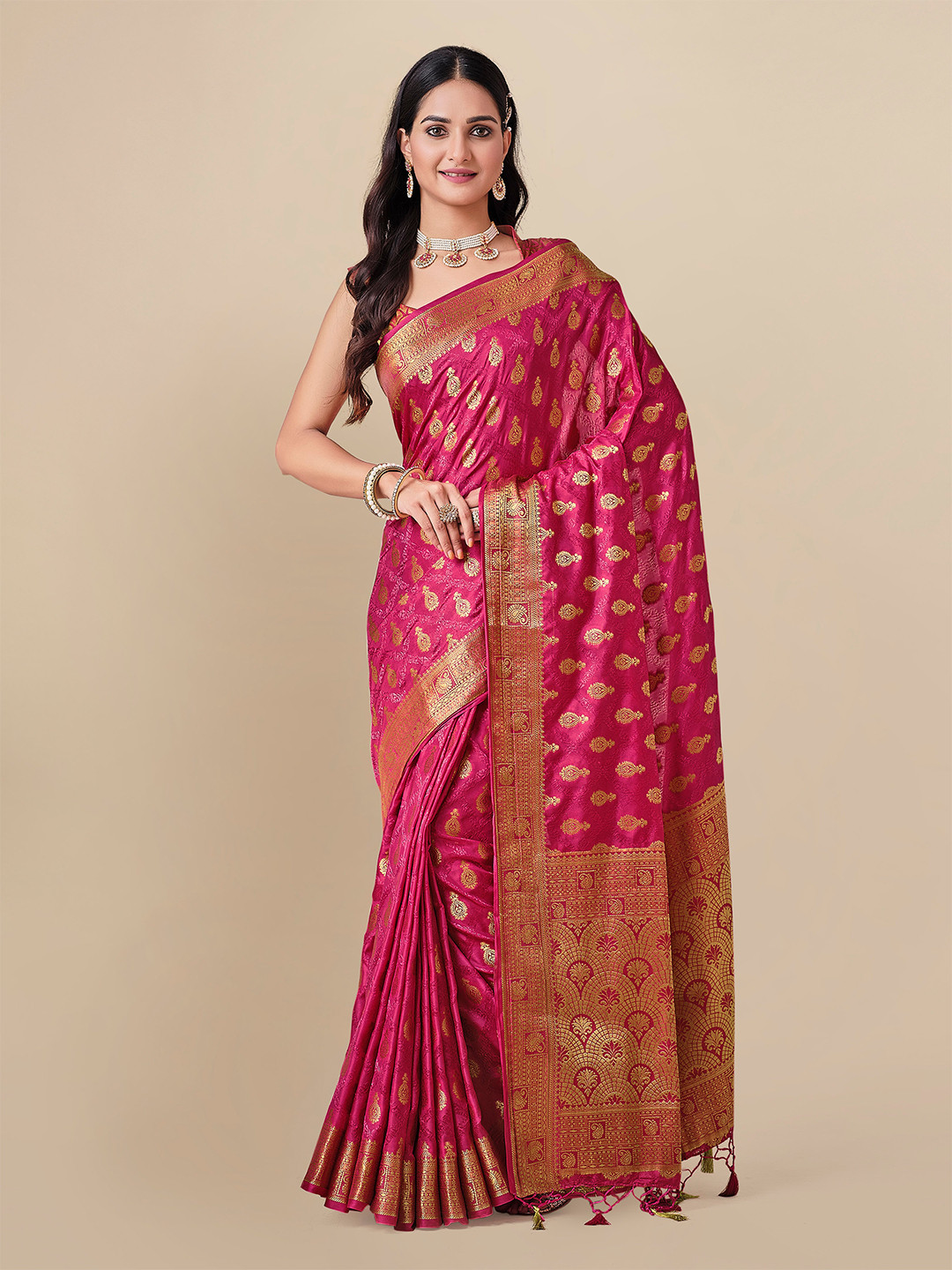 Buy MIMOSA Pink & Gold Coloured Ethnic Motifs Zari Art Silk Kanjeevaram ...