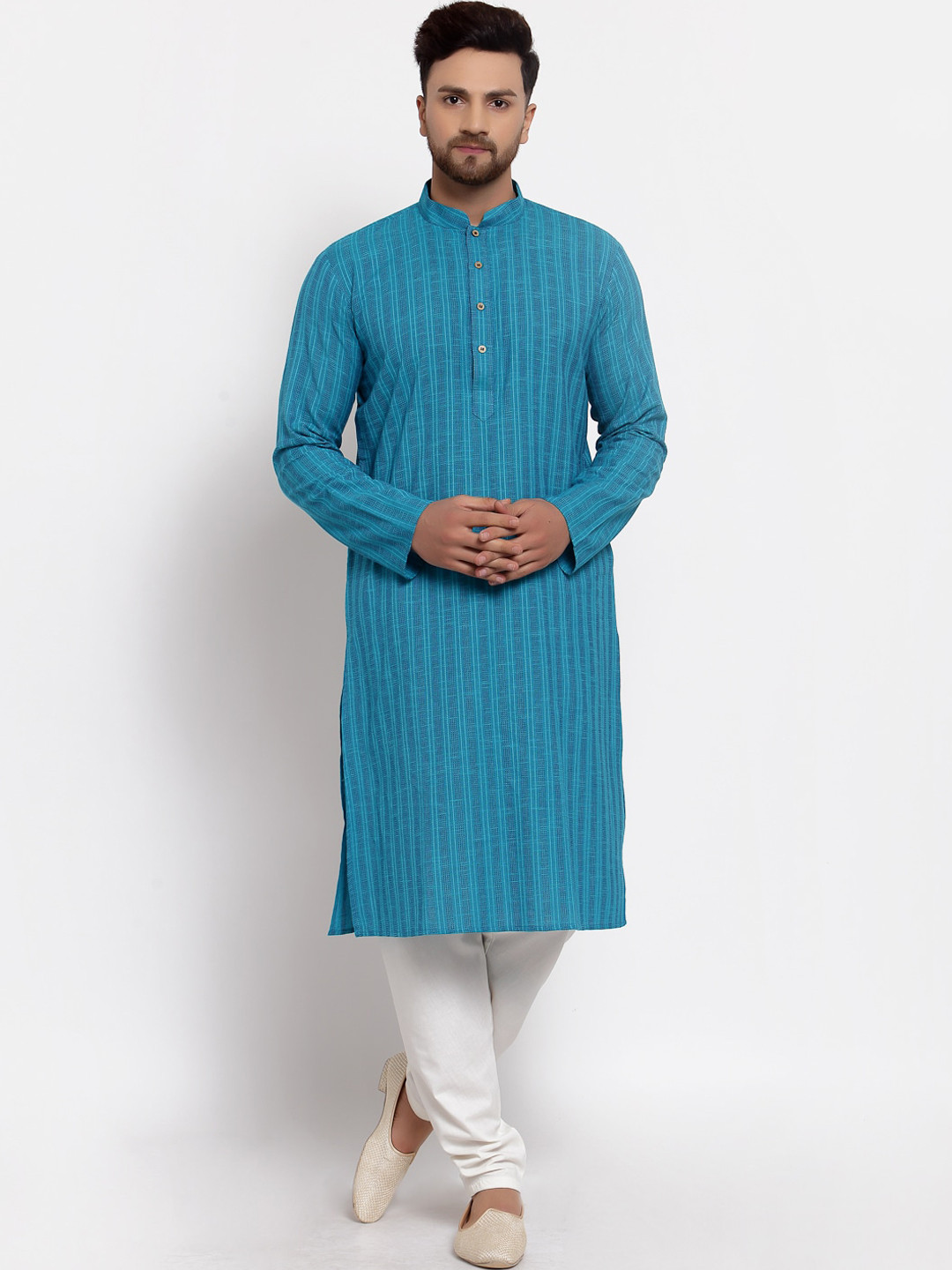 Buy MOHANLAL SONS Men Turquoise Blue Striped Cotton Straight Kurta ...