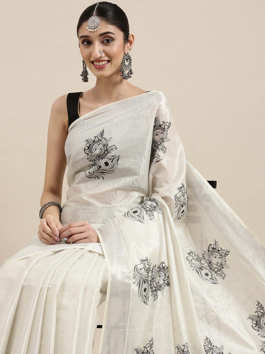 Buy Thara Sarees Women Off White & Black Ethnic Motifs Pure Cotton Kasavu Saree - Sarees for ...