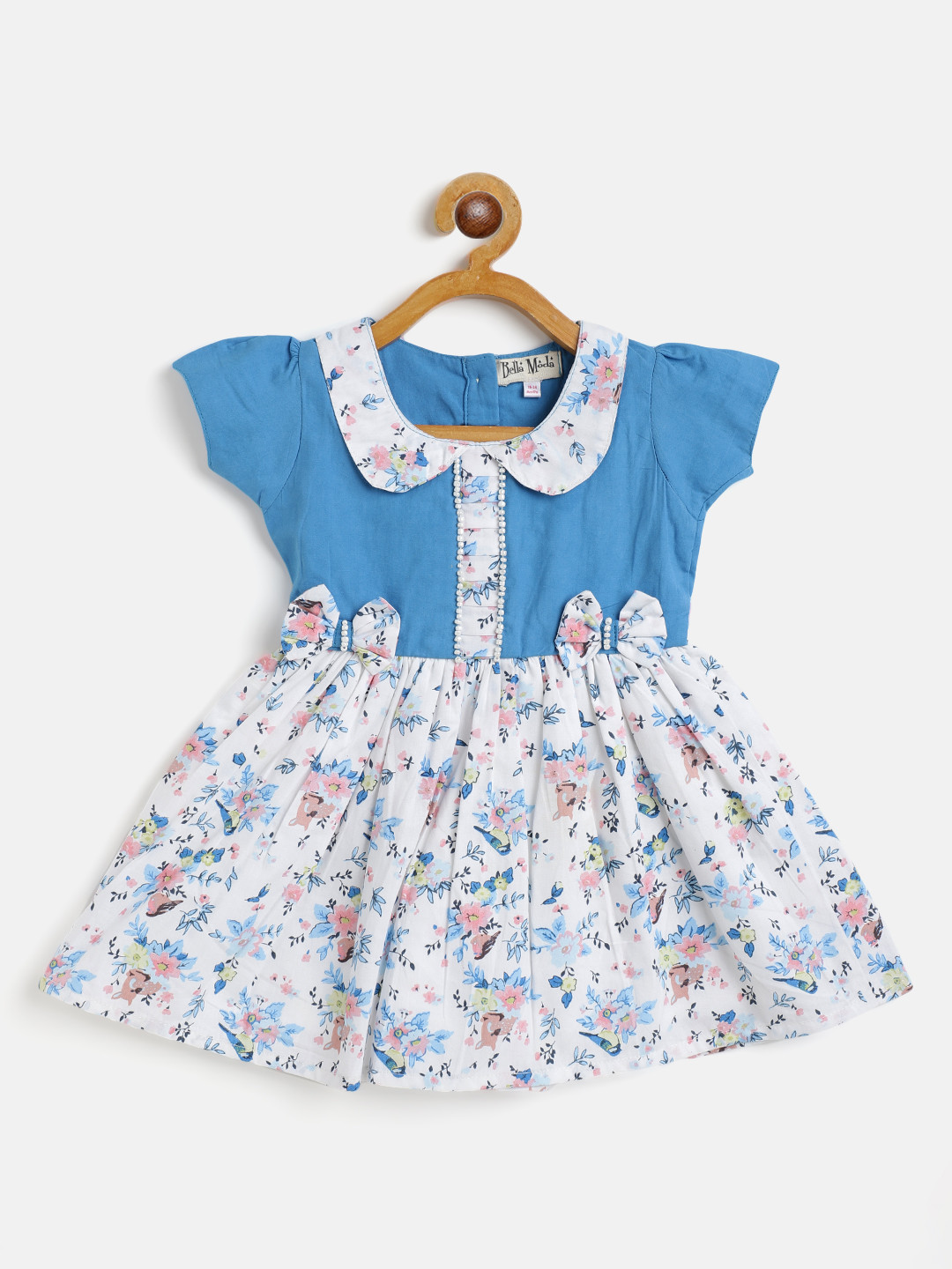 Buy Bella Moda White & Blue Pure Cotton Floral Print A Line Dress ...