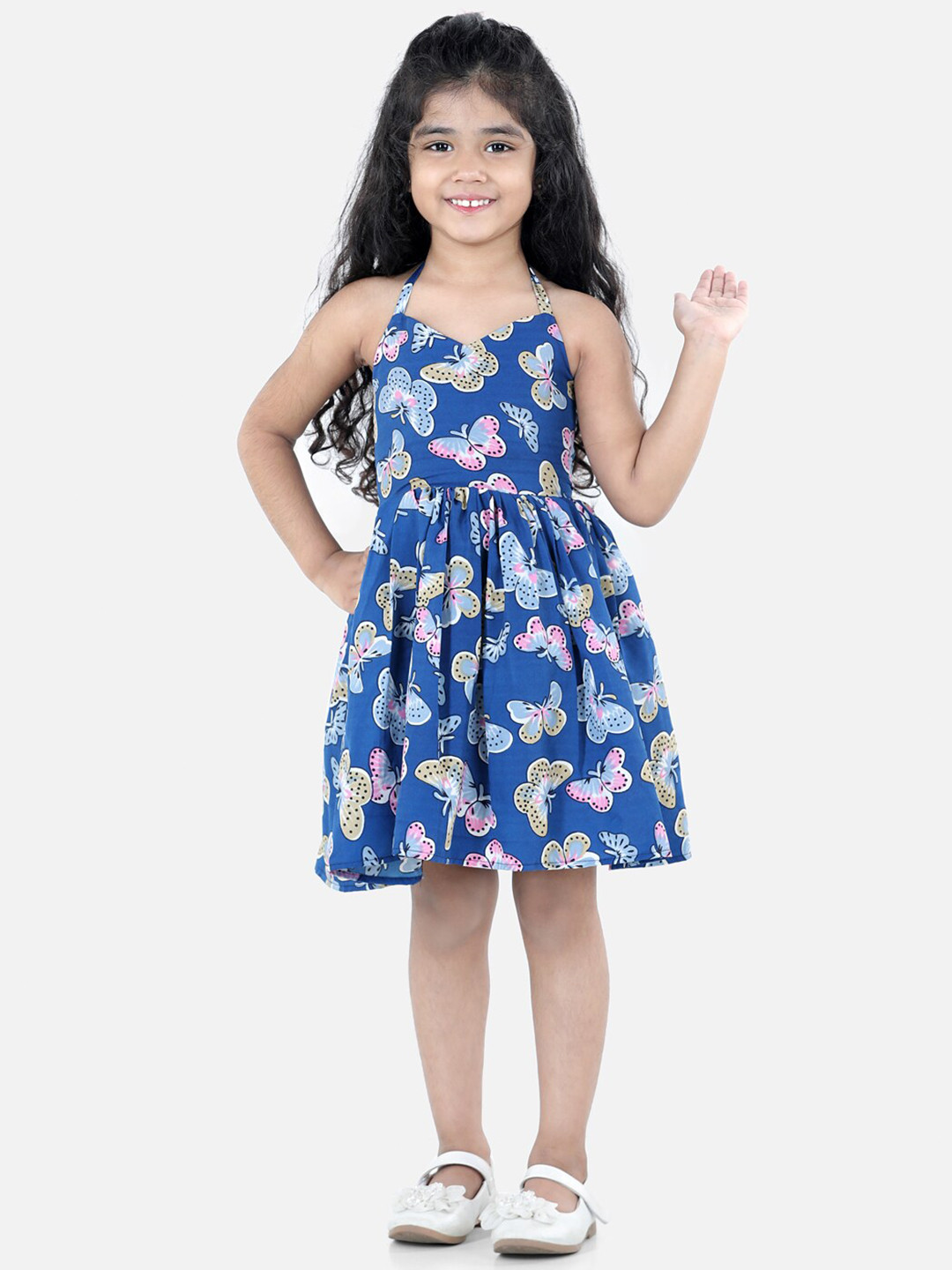 Buy AWW HUNNIE Gilrs Blue & Pink Ethnic Motifs Tie Up Neck Crepe Fit ...