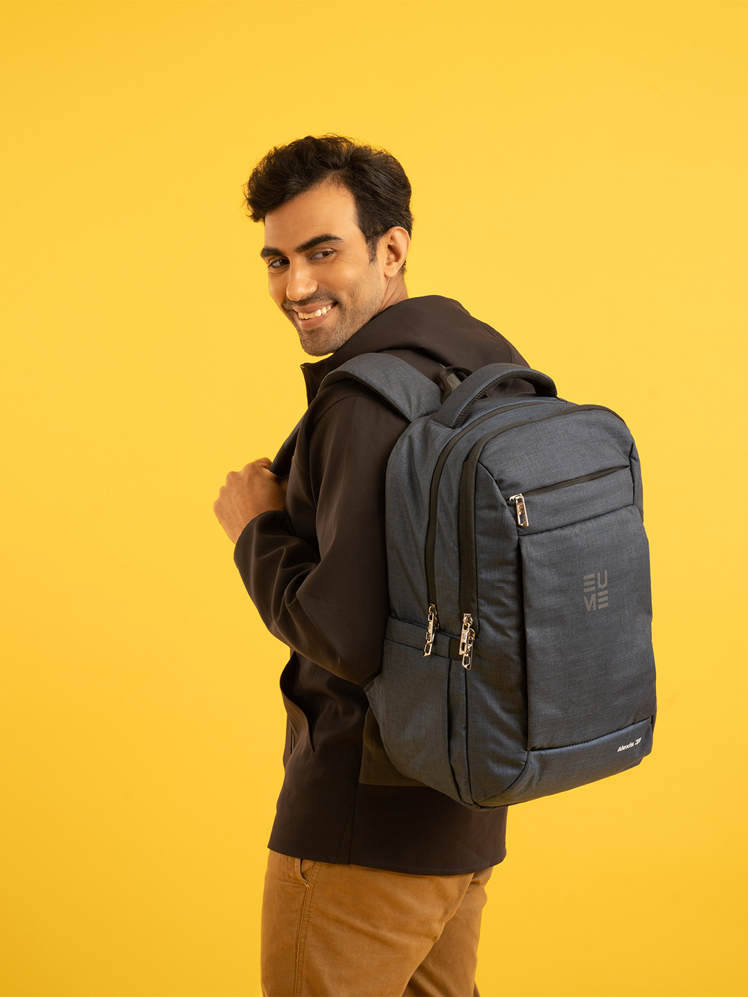 Buy EUME Unisex Black & Grey Brand Logo Backpack - Backpacks for Unisex ...