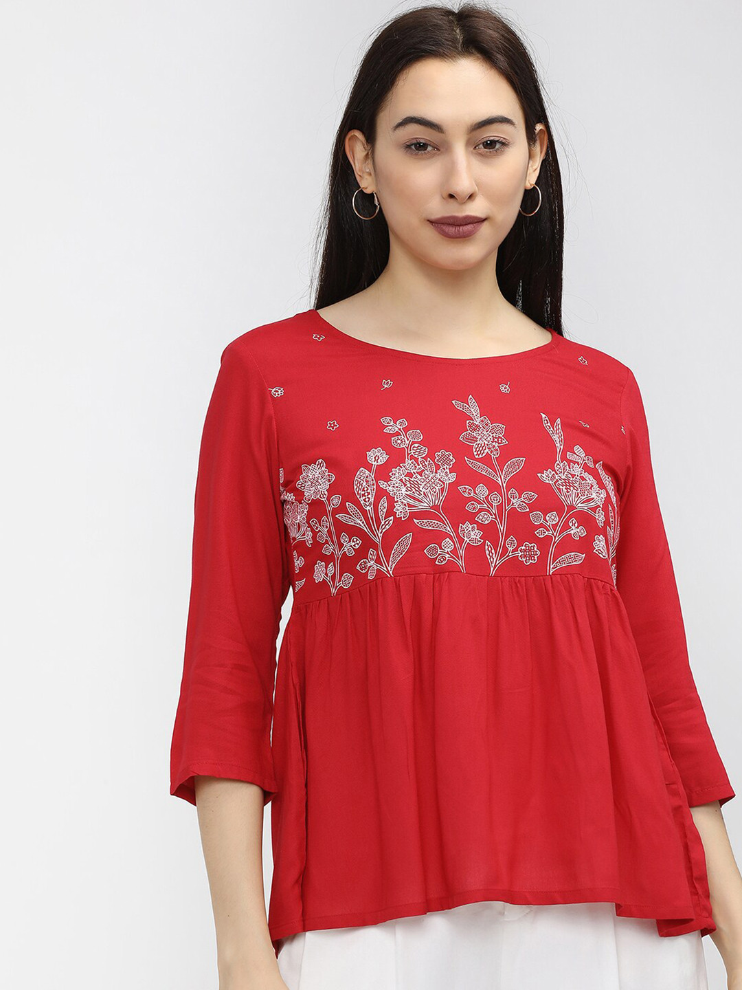 Buy Vishudh Women Red Floral Print Cinched Waist Top - Tops for Women ...