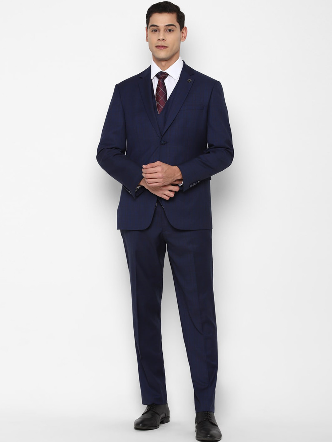 Buy Allen Solly Men Navy Blue Checked Single Breasted Slim Fit 3 Piece ...