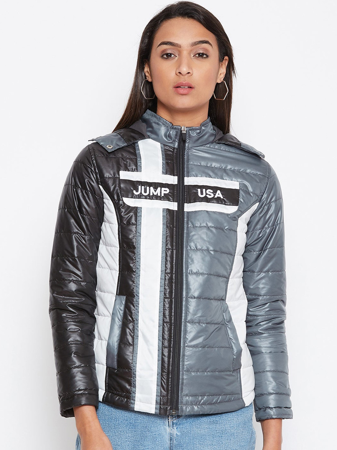 Buy JUMP USA Women Grey Black Colourblocked Hooded Padded Jacket ...