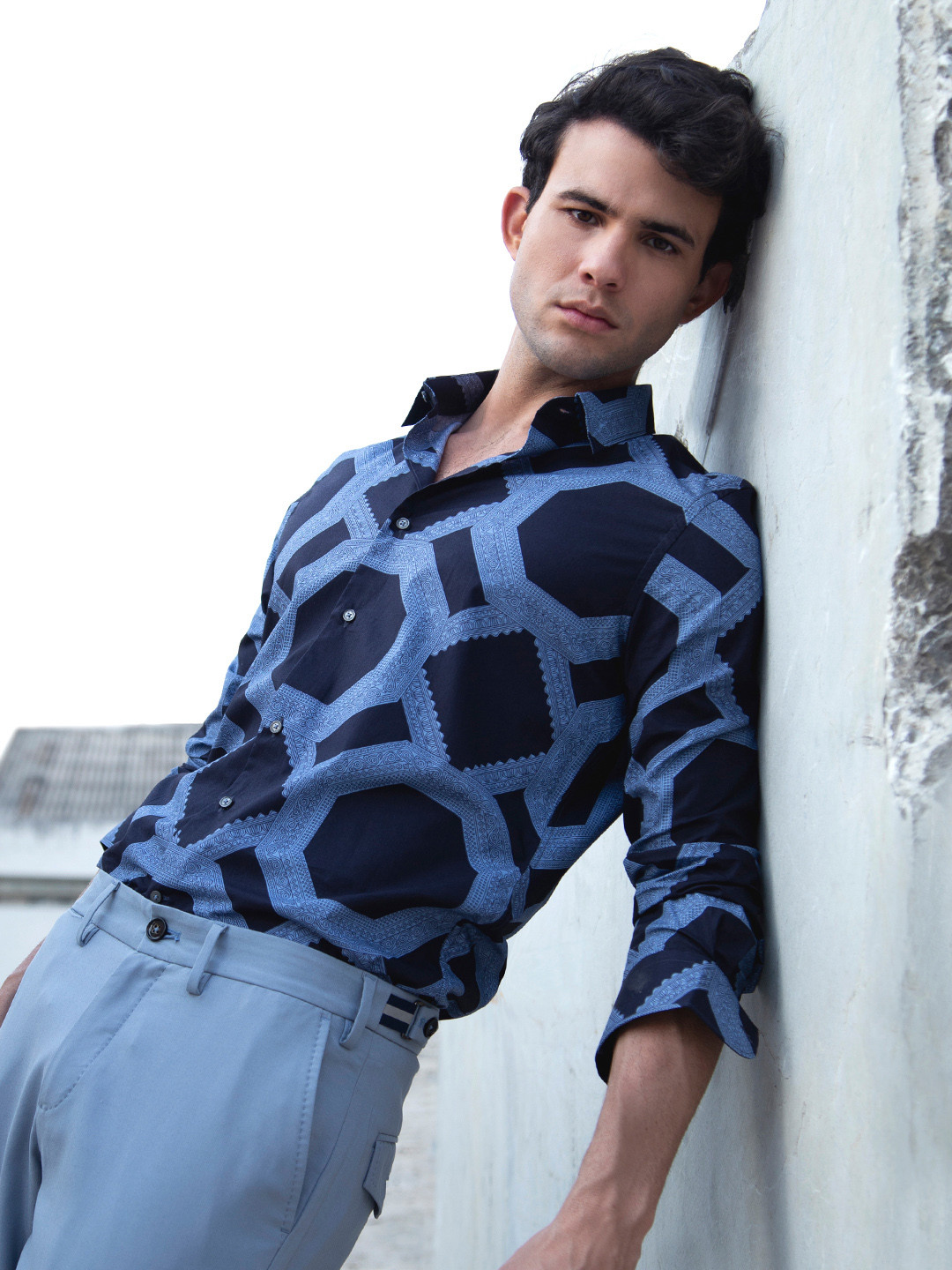 Buy RARE RABBIT Men Navy Blue Custom Slim Fit Printed Cotton Casual ...