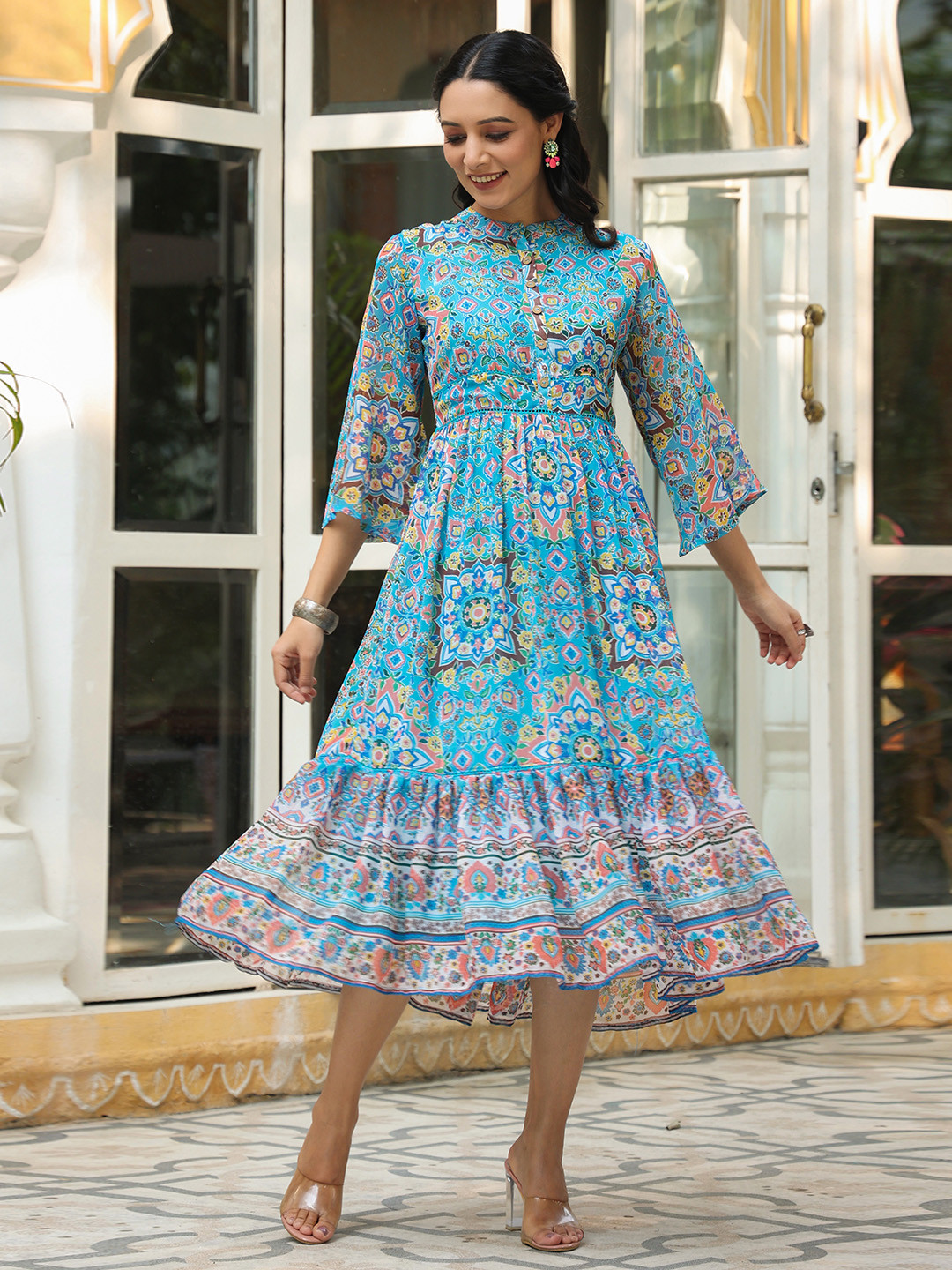 Buy Juniper Blue Floral Chiffon Tiered Maxi Dress - Ethnic Dresses for ...