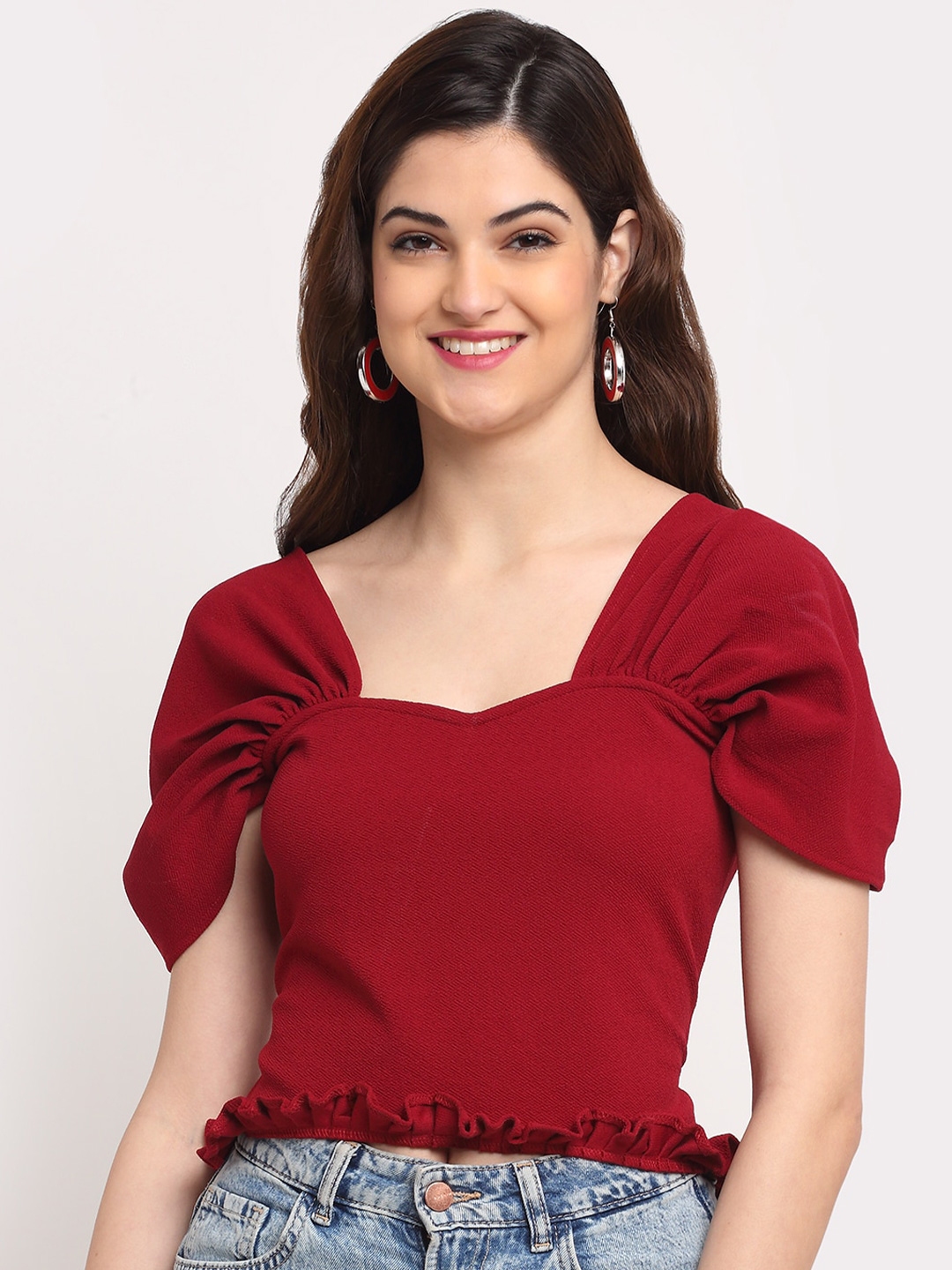 Buy Sugathari Maroon Sweetheart Neck Crepe Crop Top Tops For Women