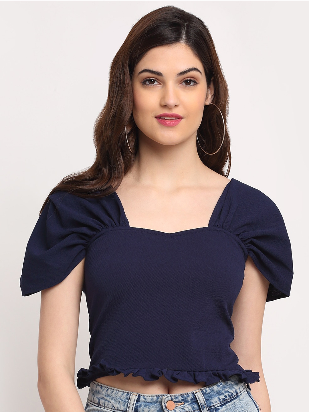 Buy Sugathari Navy Blue Sweetheart Neck Crepe Crop Top Tops For Women