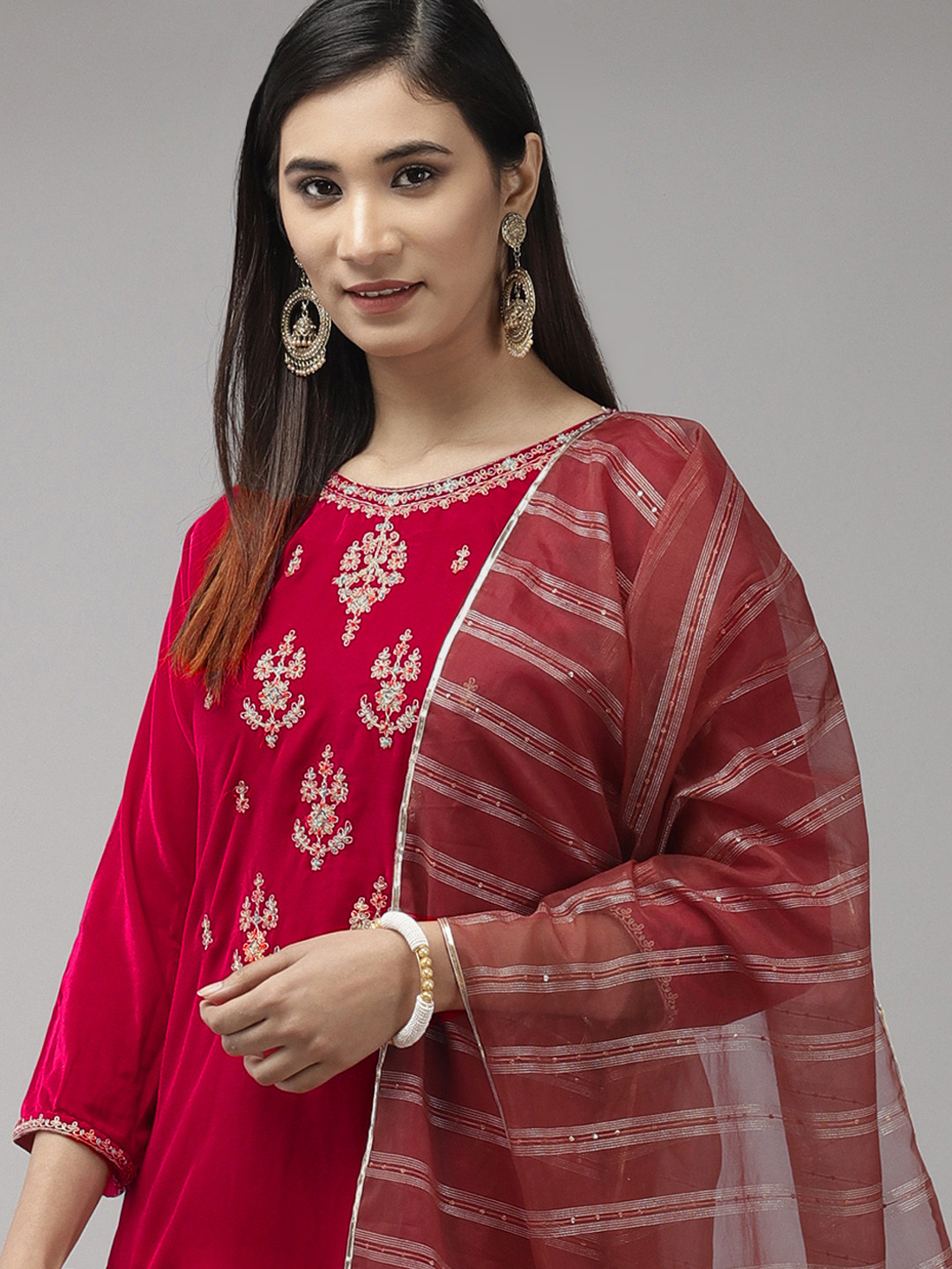 Buy Indo Era Women Red Ethnic Motifs Embroidered Kurta With Palazzos ...