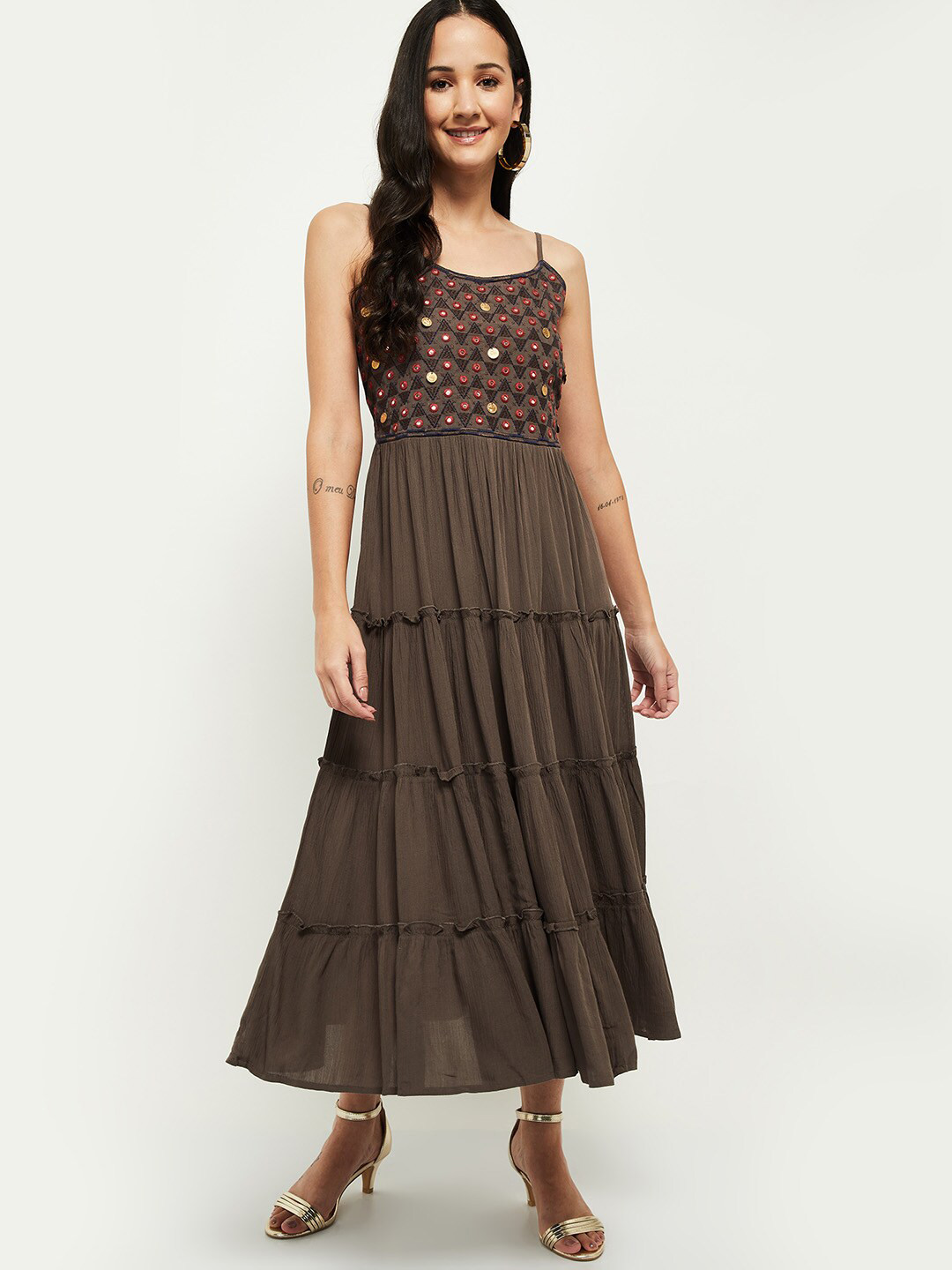 Buy Max Brown Embroidered Maxi Dress - Ethnic Dresses for Women ...