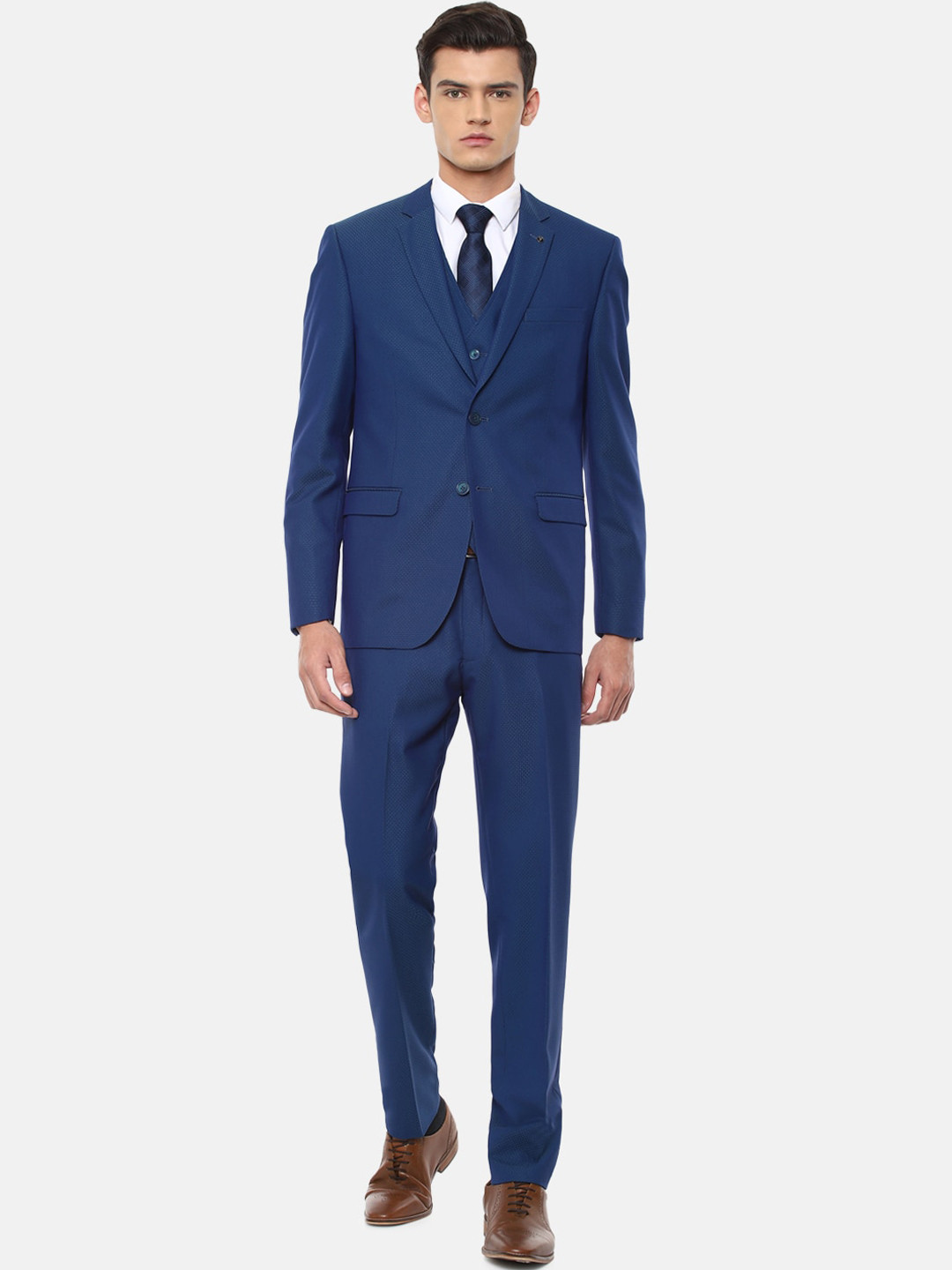 Buy Van Heusen Men Blue Solid Single Breasted Slim Fit 3 Piece Formal ...