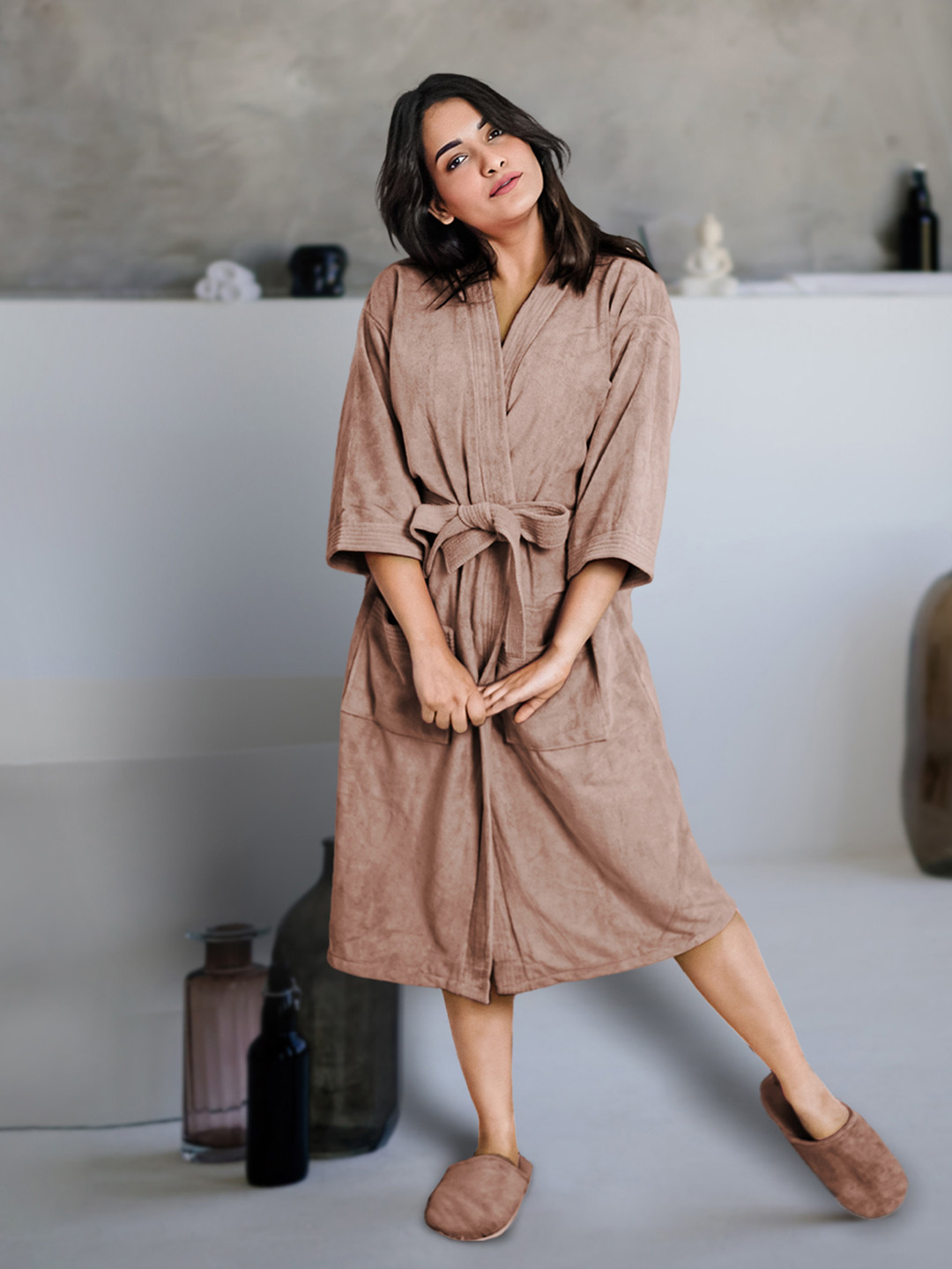 Buy Aura Beige Microfiber Bath Robe With Slippers - Bath Robe for ...
