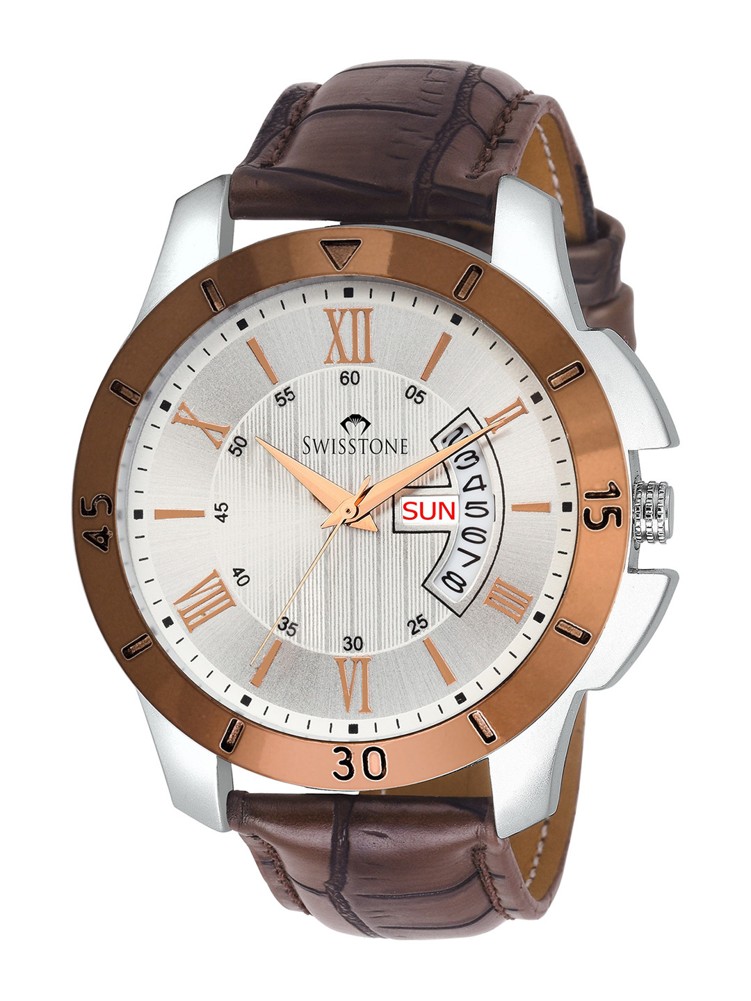 Buy SWISSTONE Men Silver Dial & Brown Leather Strap Analogue Watch ...