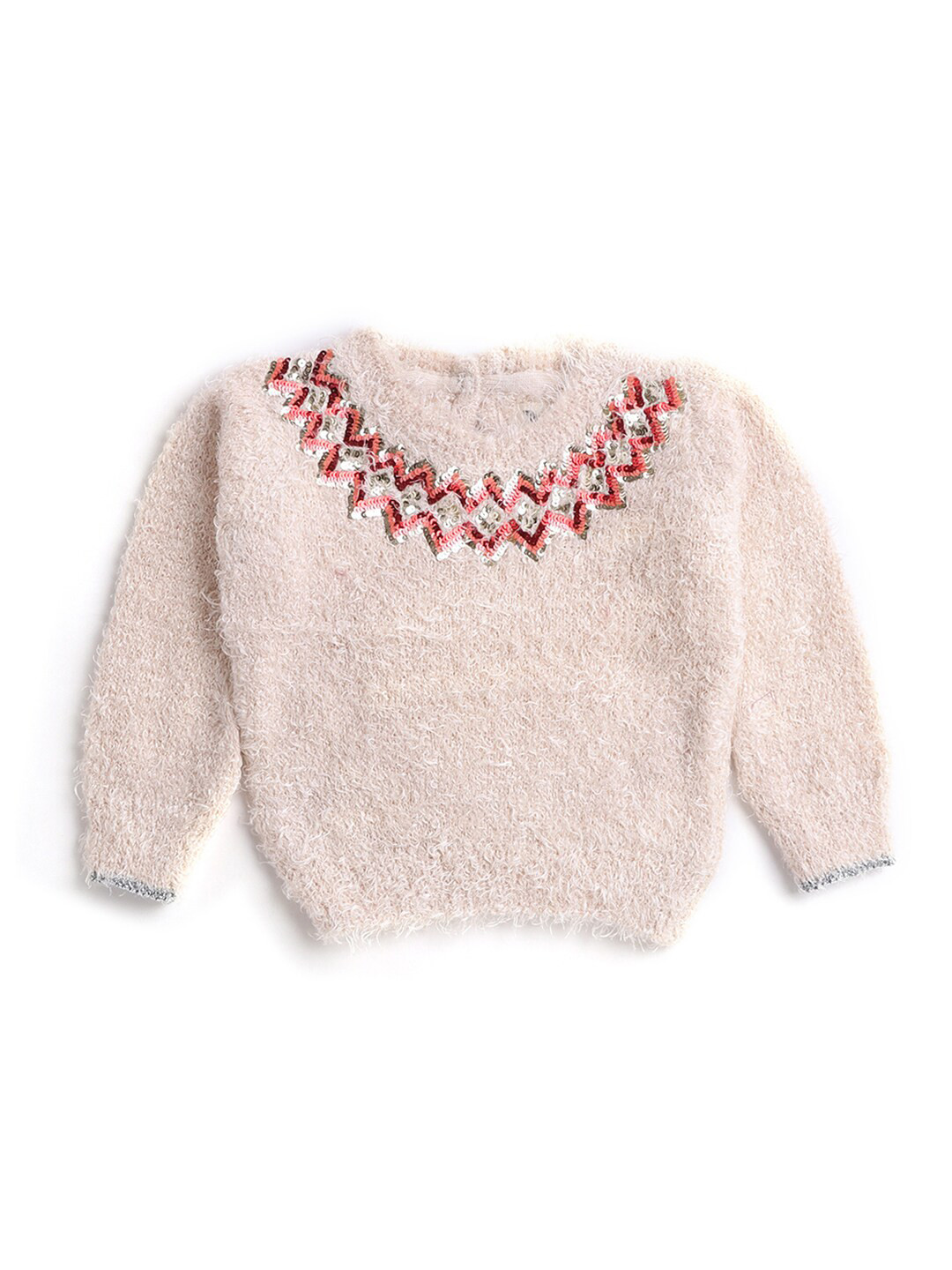 Buy Hopscotch Girls Beige Sequin Fur Pure Cotton Pullover - Sweaters ...