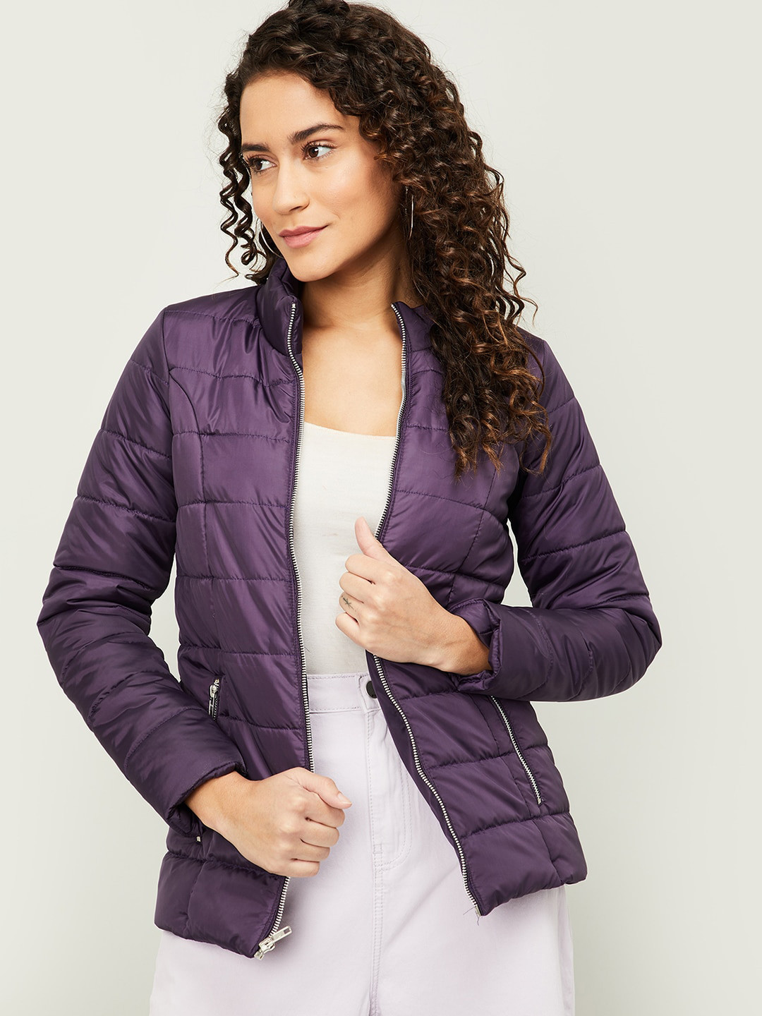 Buy Ginger By Lifestyle Women Purple Lightweight Longline Padded Jacket ...