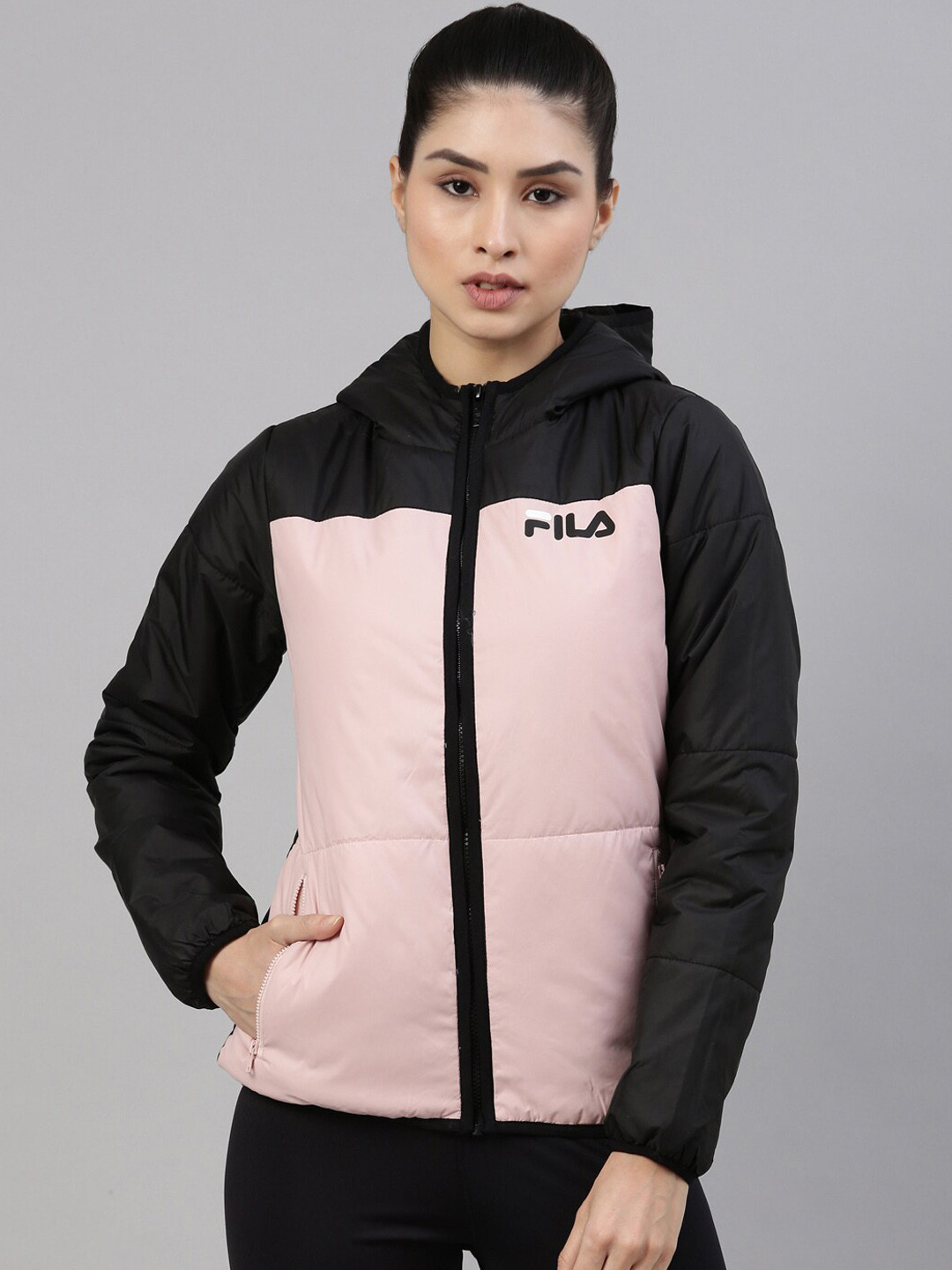 Buy FILA Women Pink & Black Colourblocked Running Padded Jacket ...