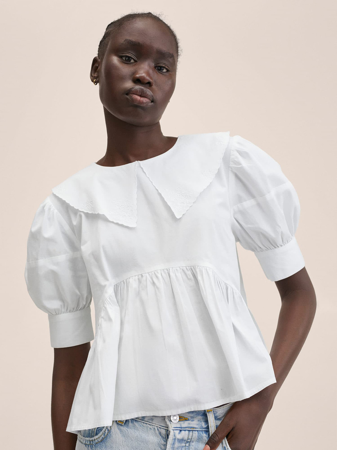 Buy MANGO Women White Pure Cotton Peter Pan Collar Empire Top - Tops ...