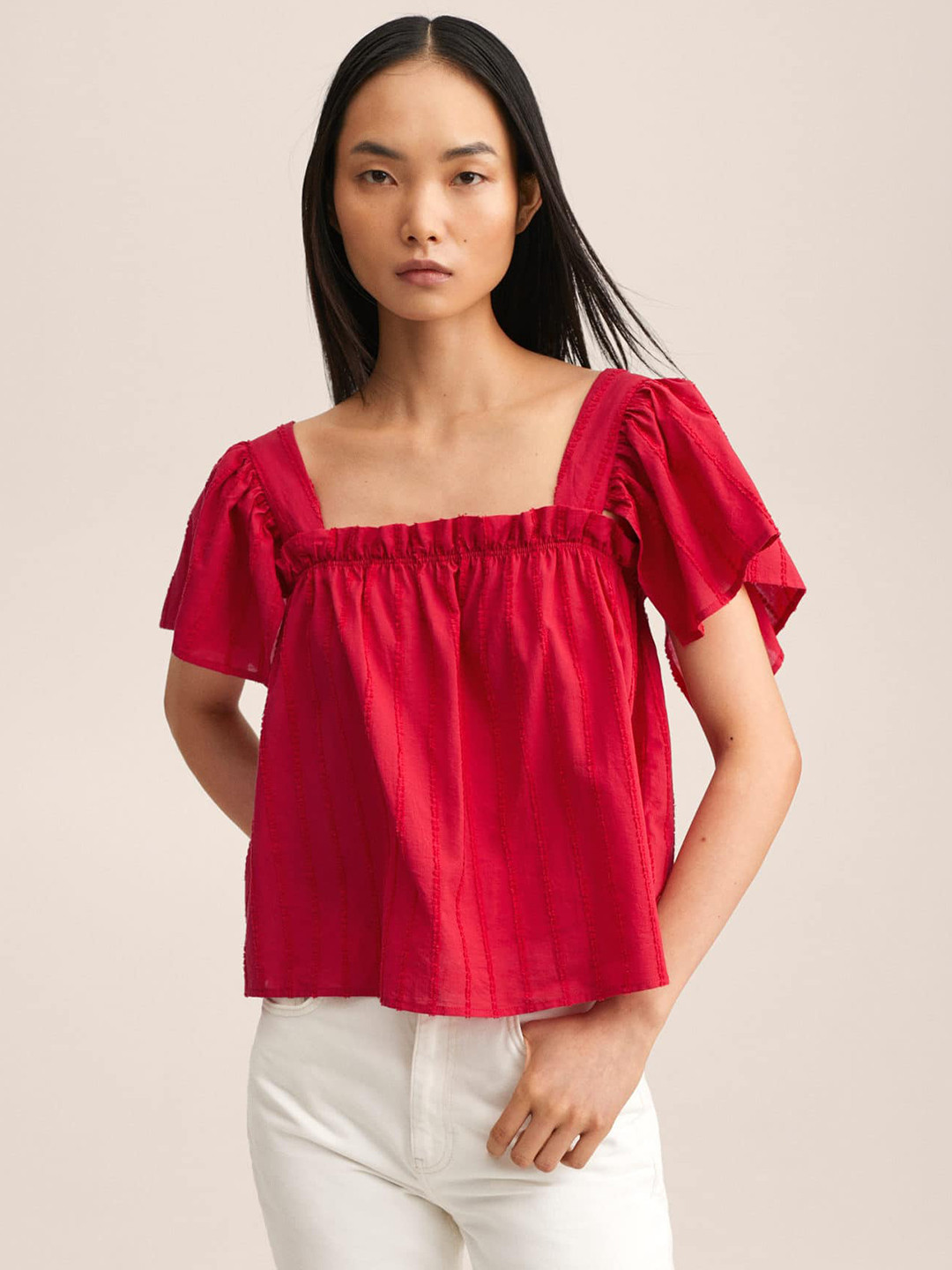 Buy MANGO Women Red Pure Cotton Dobby Weave Top - Tops for Women ...
