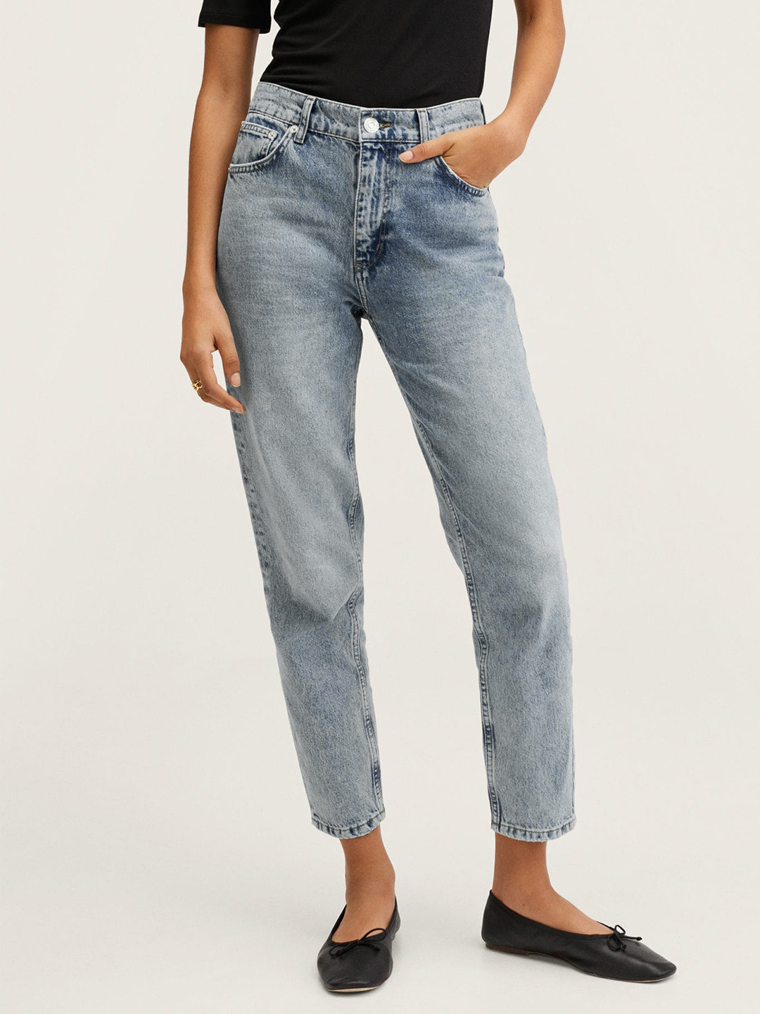 Buy MANGO Women Blue Solid Pure Cotton Mom Fit High Rise Jeans - Jeans ...