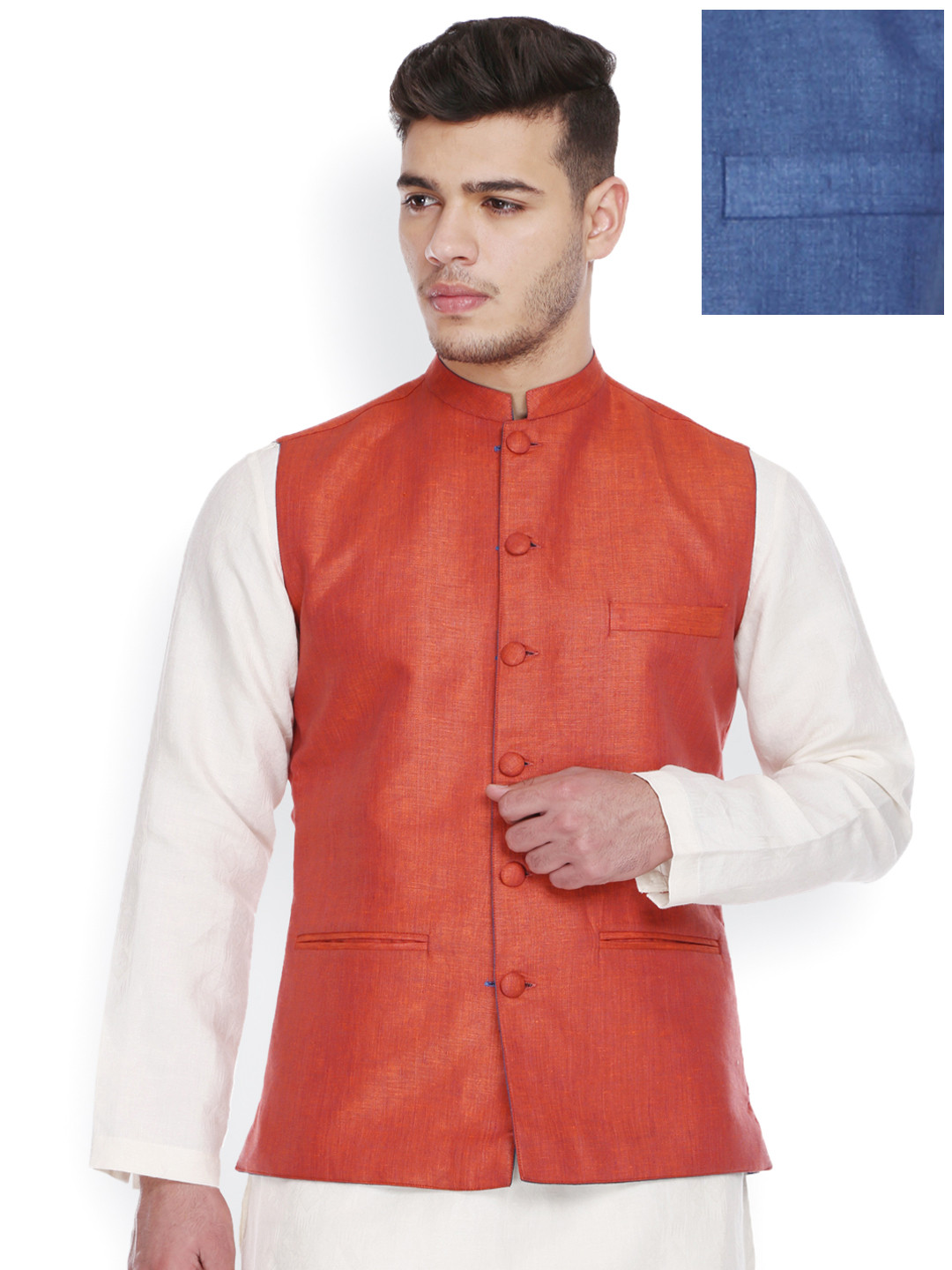 Buy Mayank Modi Orange & Blue Linen Reversible Nehru Jacket - Nehru ...
