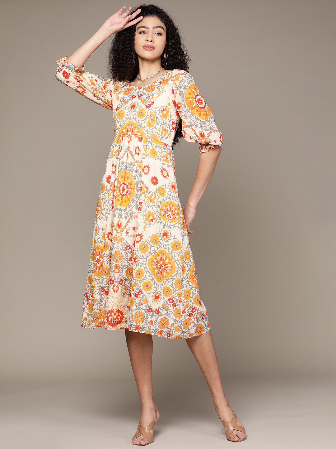 Buy Label Ritu Kumar Women Off White & Mustard Yellow Floral Printed ...