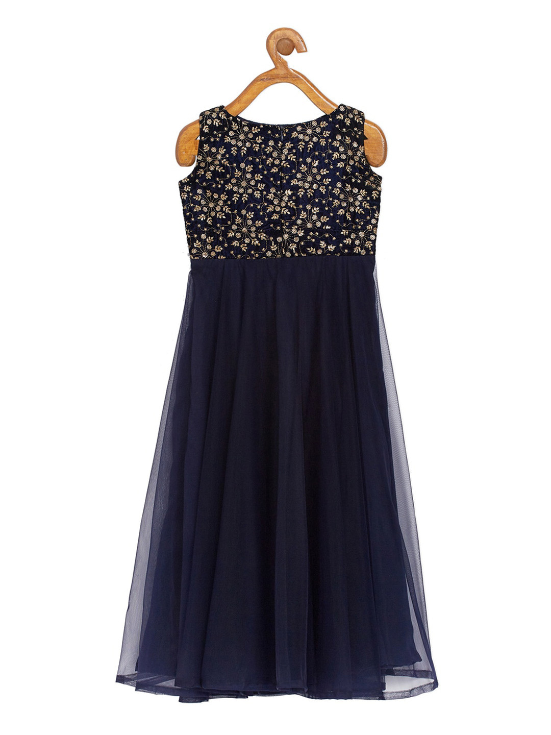 Buy Ethnovog Navy Blue Floral Embroidered Net Maxi Dress - Dresses for ...