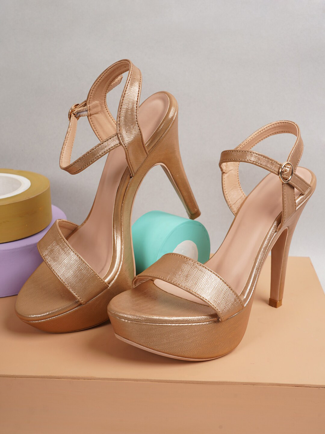 Buy Rubeezz Copper Toned Party High Top Stiletto Sandals With Buckles ...