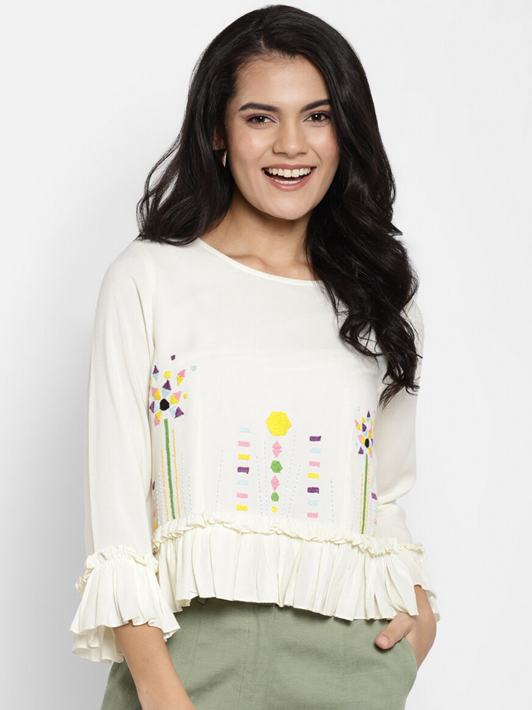 Buy DEEBACO Off White Floral Embroidered A Line Top - Tops for Women ...