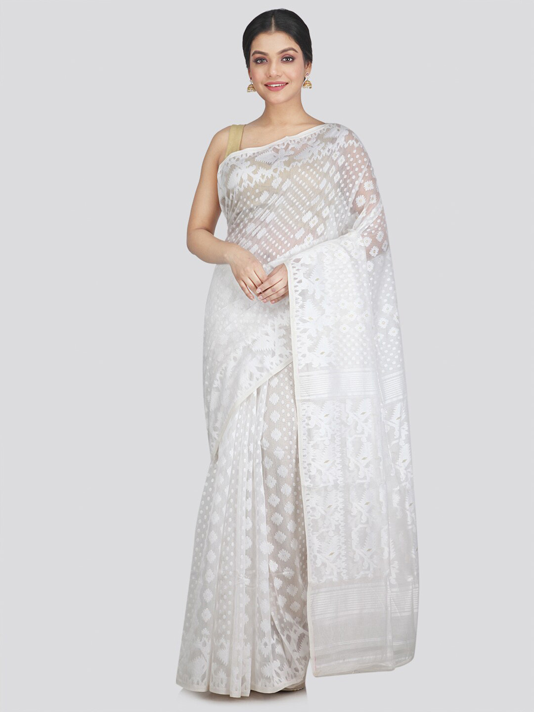 Buy PinkLoom White Woven Design Pure Cotton Jamdani Saree - Sarees for Women 16720582 | Myntra