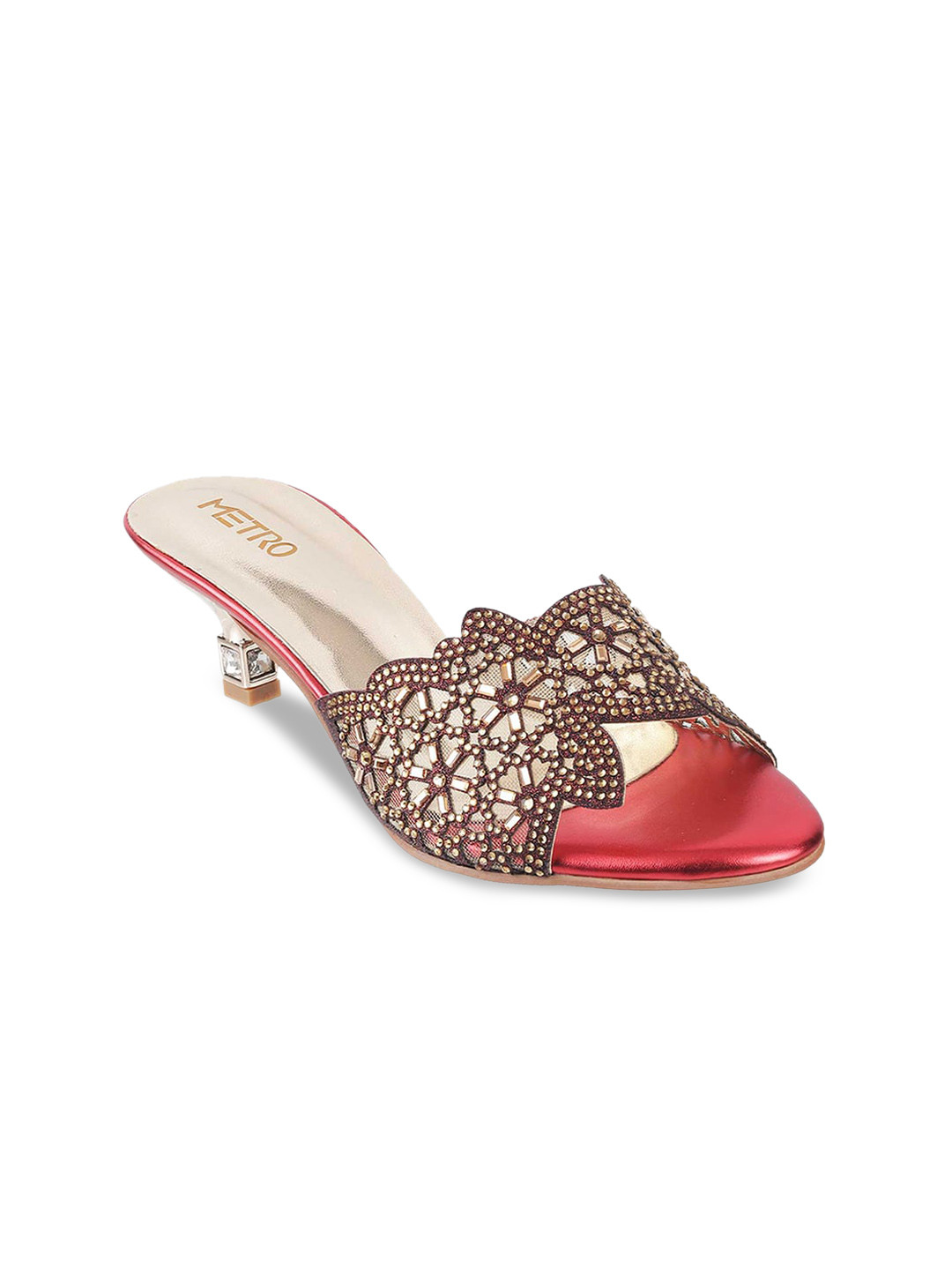 Buy Metro Women Maroon & Gold Toned Embellished Kitten Heels - Heels ...