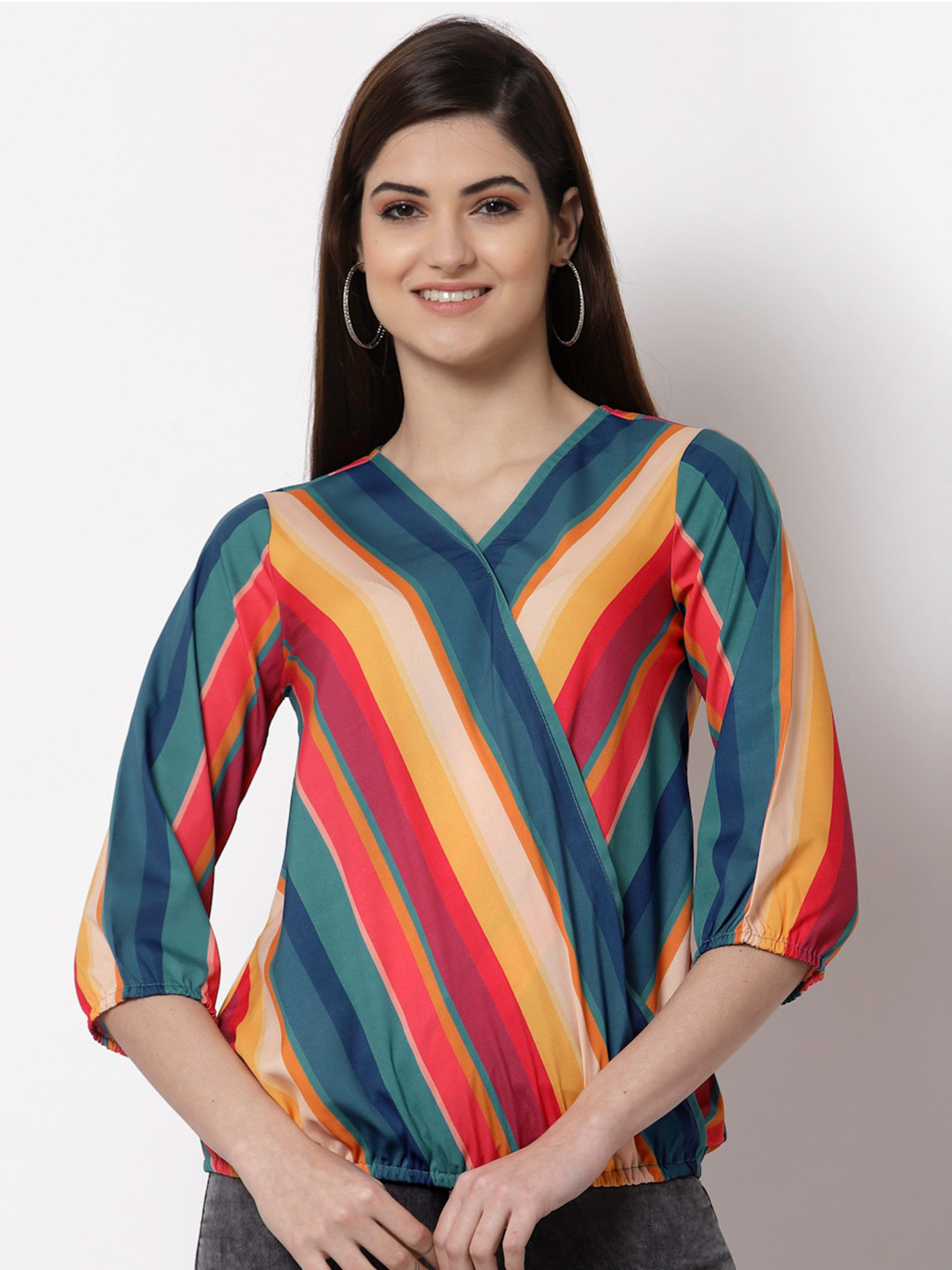 Buy Style Quotient Multicoloured Striped Crepe Wrap Top - Tops for ...